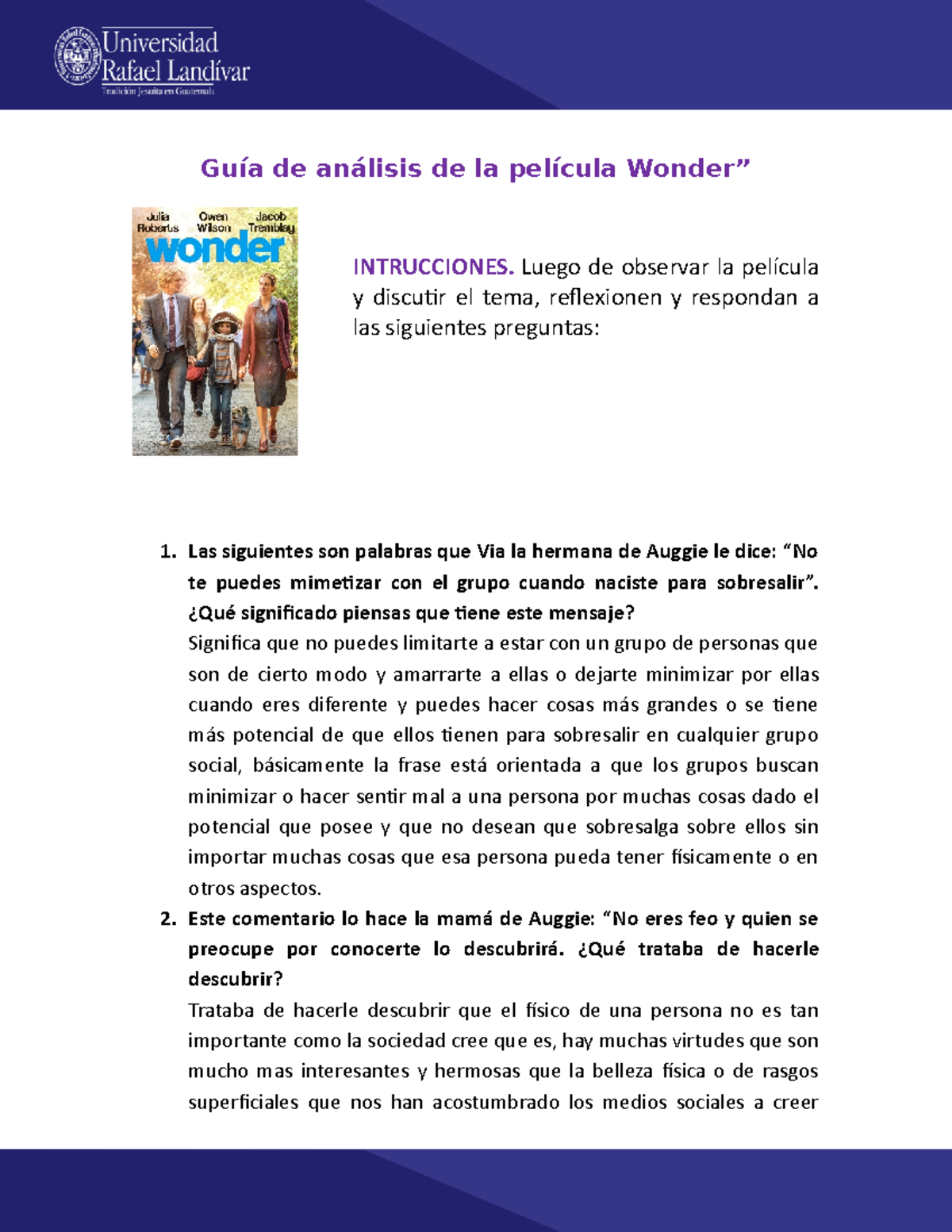 Análisis pelicula Wonder - Economia - URL - StuDocu