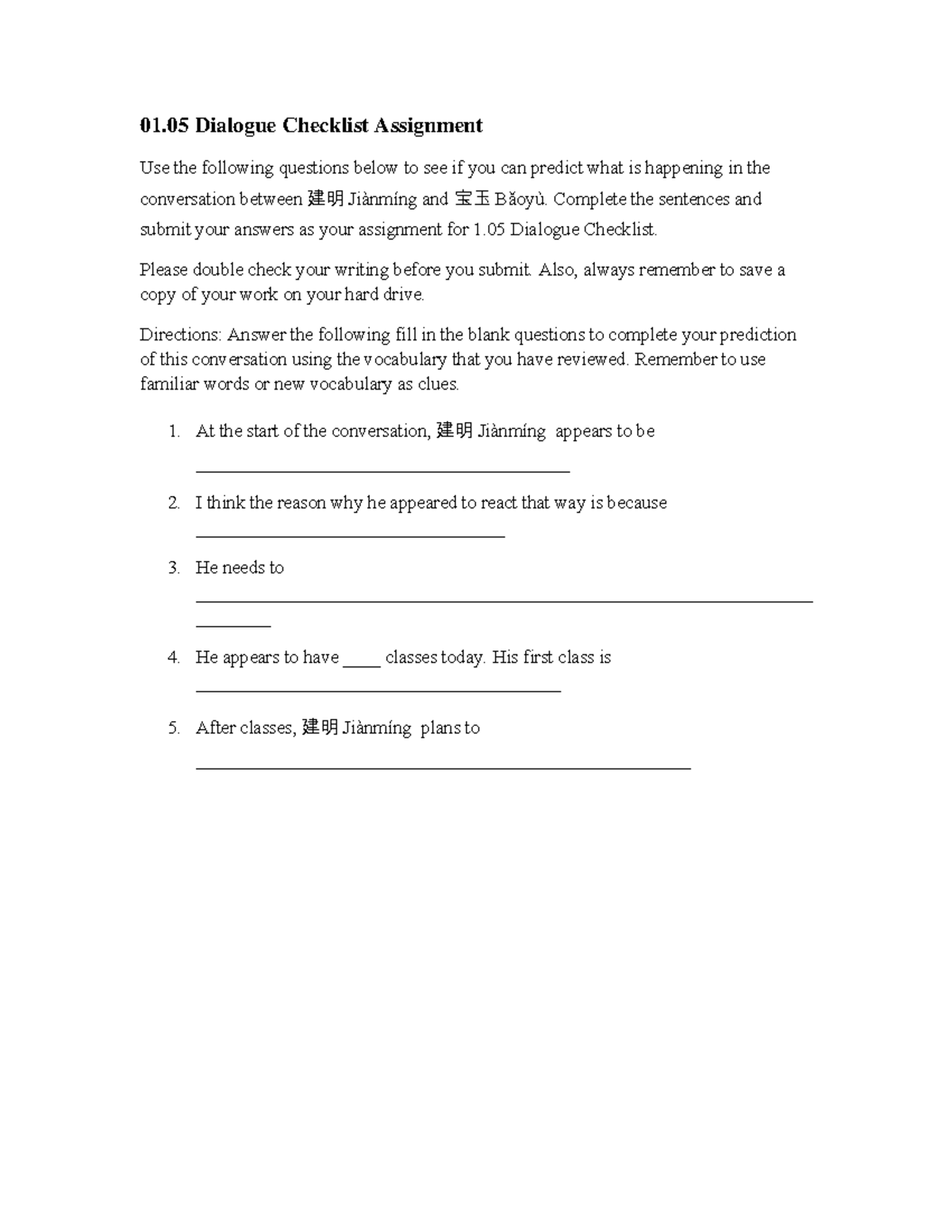 01 05 Dialogue Checklist Assignment - 01 Dialogue Checklist Assignment ...