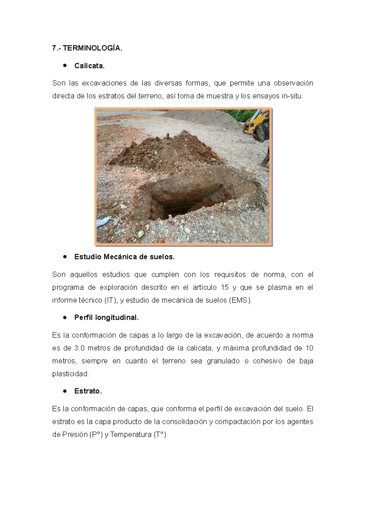 WORD Excavacion DE Calicata 7-9 - 7.- TERMINOLOGÍA. Calicata. Son las ...