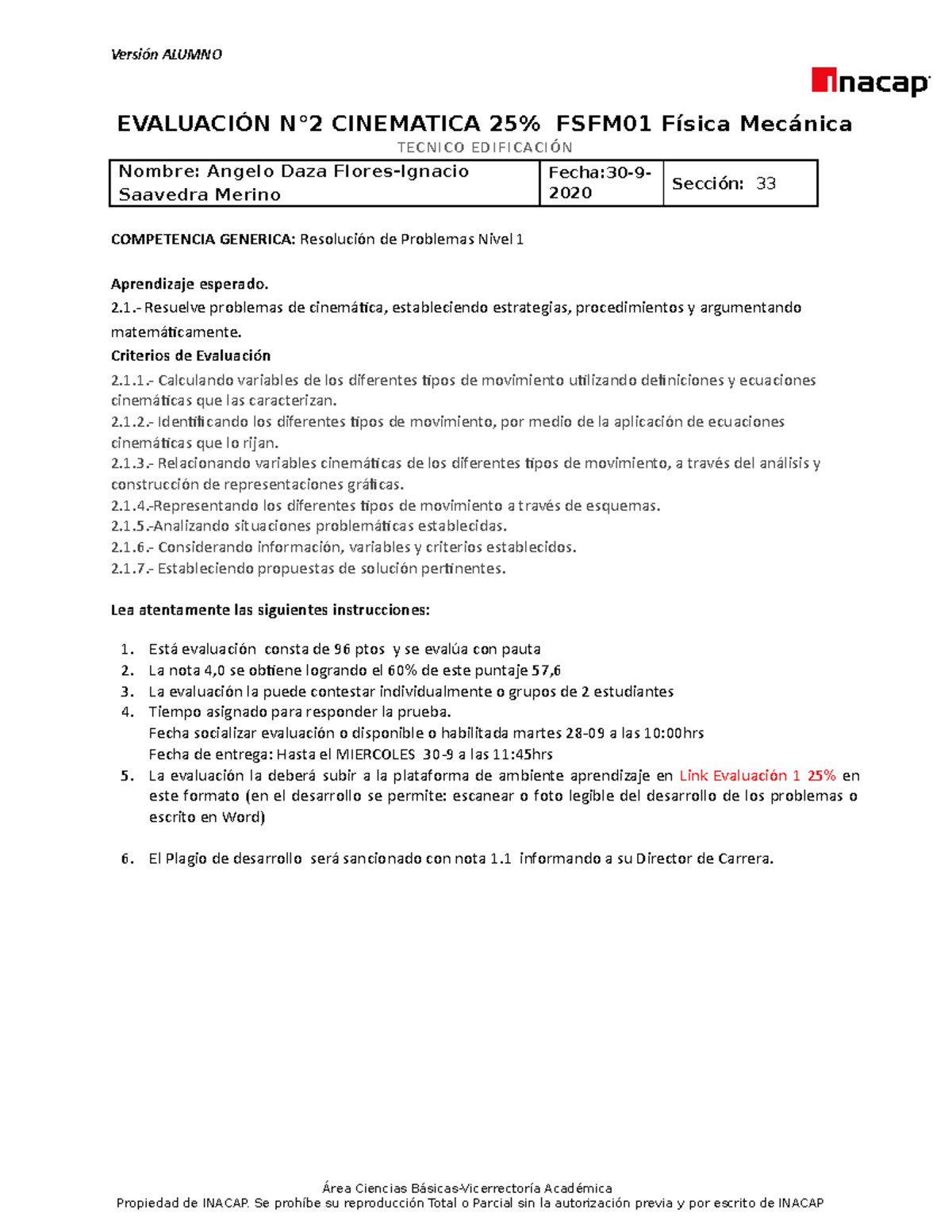 EVAL 2 Fisica Mecanica Edificación sec 33 Ignacio Saavedra y Angelo ...