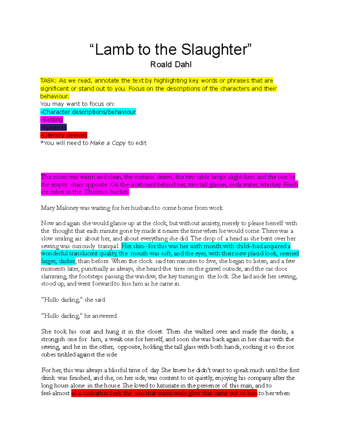 “Lamb to the Slaughter” Roald Dahl - “Lamb to the Slaughter” Roald Dahl ...