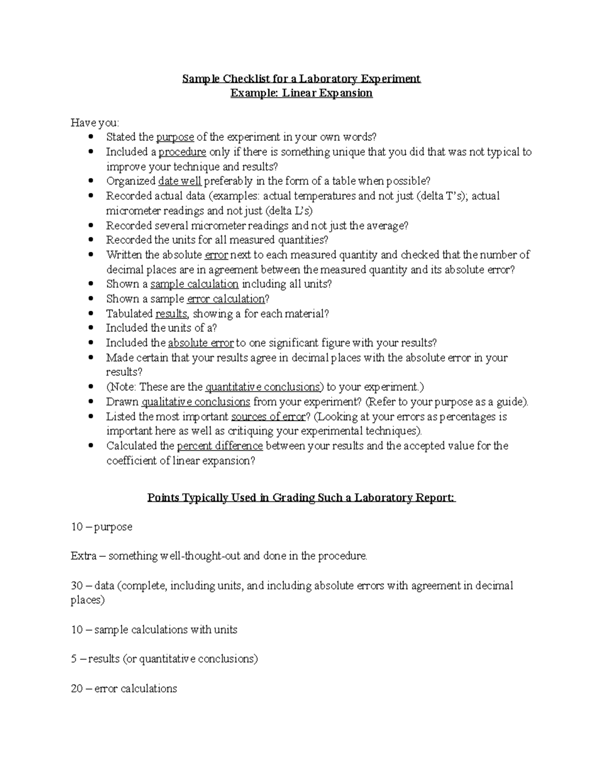 Graded Lab Experiment - Ways to prepare for Labs - Sample Checklist for ...