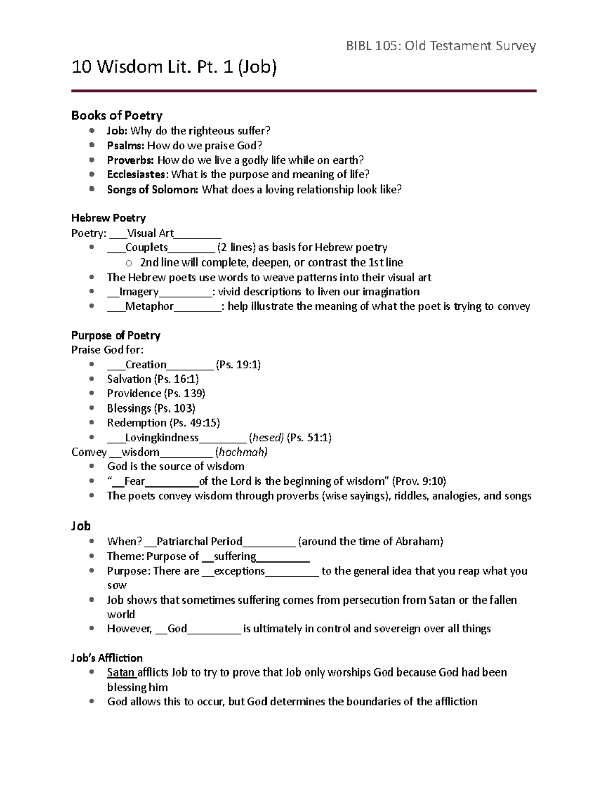 OT Notes 10 - BIBL 105: Old Testament Survey 10 Wisdom Lit. Pt. 1 (Job ...