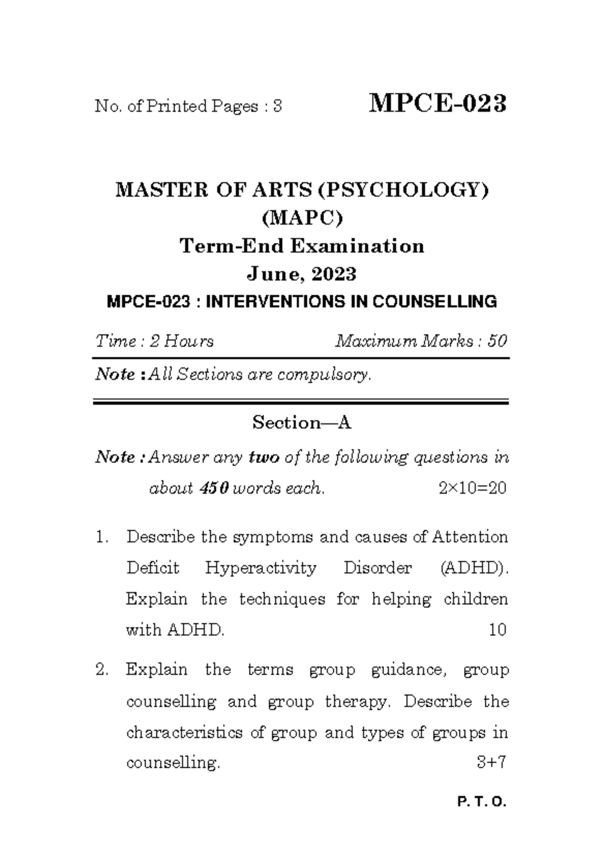 MPCE-023 - question paper - P. T. O. No. of Printed Pages : 3 MPCE- MASTER OF ARTS (PSYCHOLOGY ...