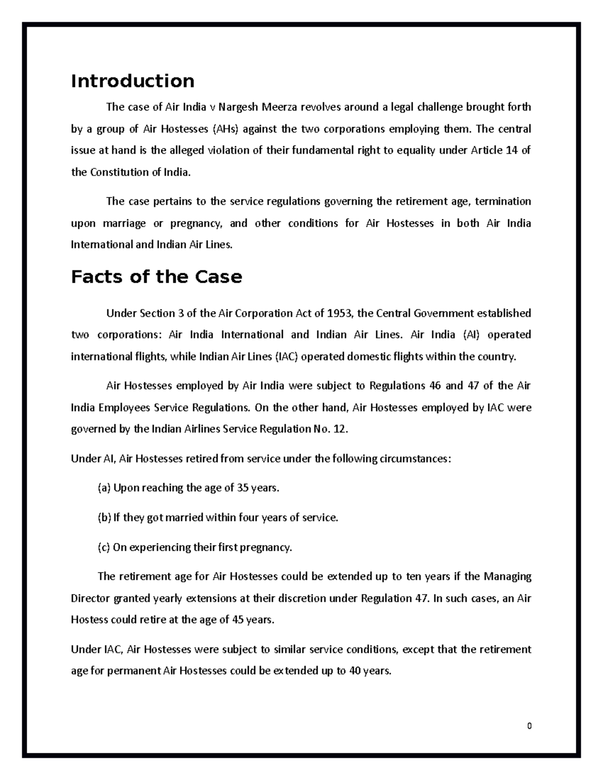 Case Analysis - Introduction The case of Air India v Nargesh Meerza ...