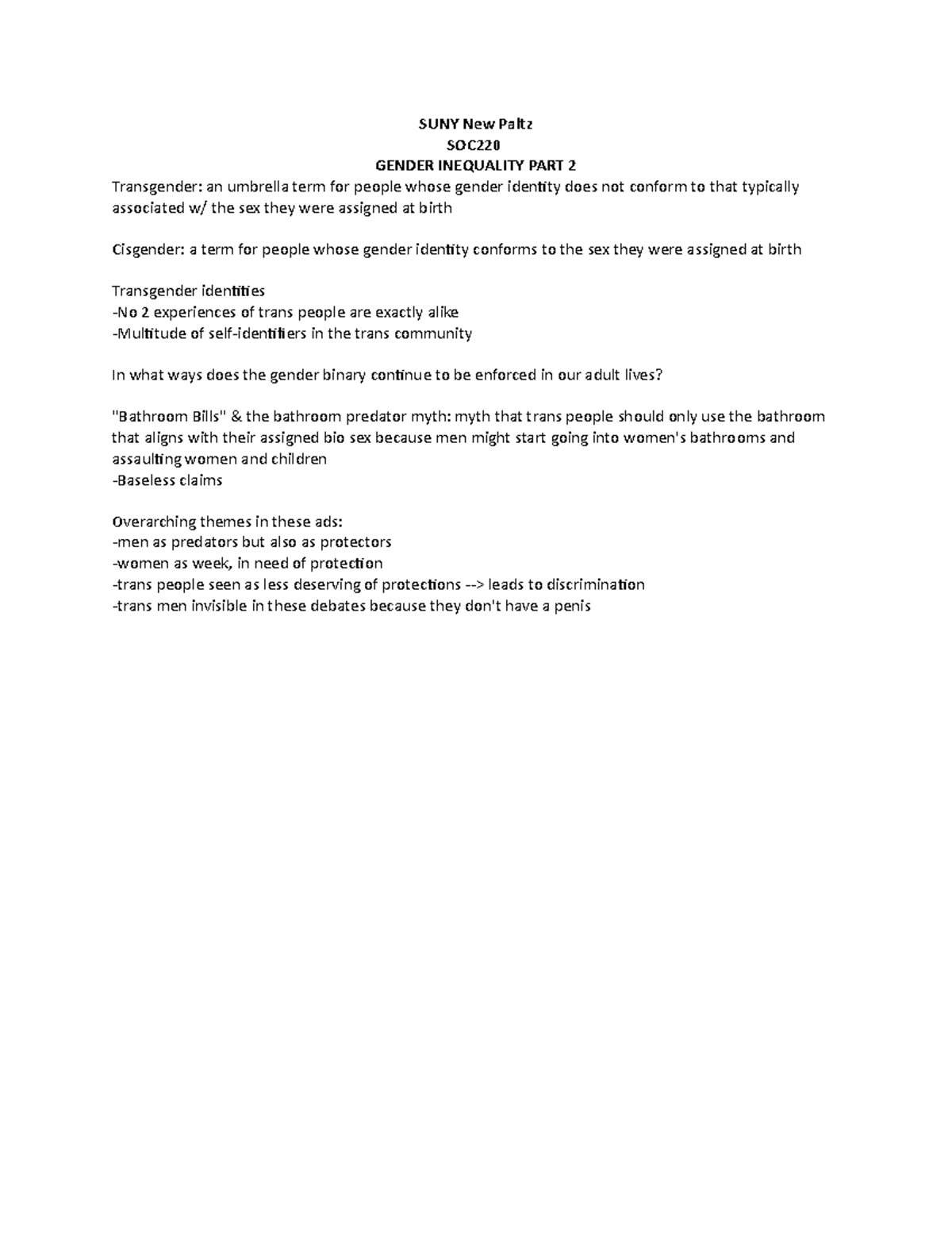 SOC220 Gender Inequality PT 2 - SUNY New Paltz SOC GENDER INEQUALITY ...