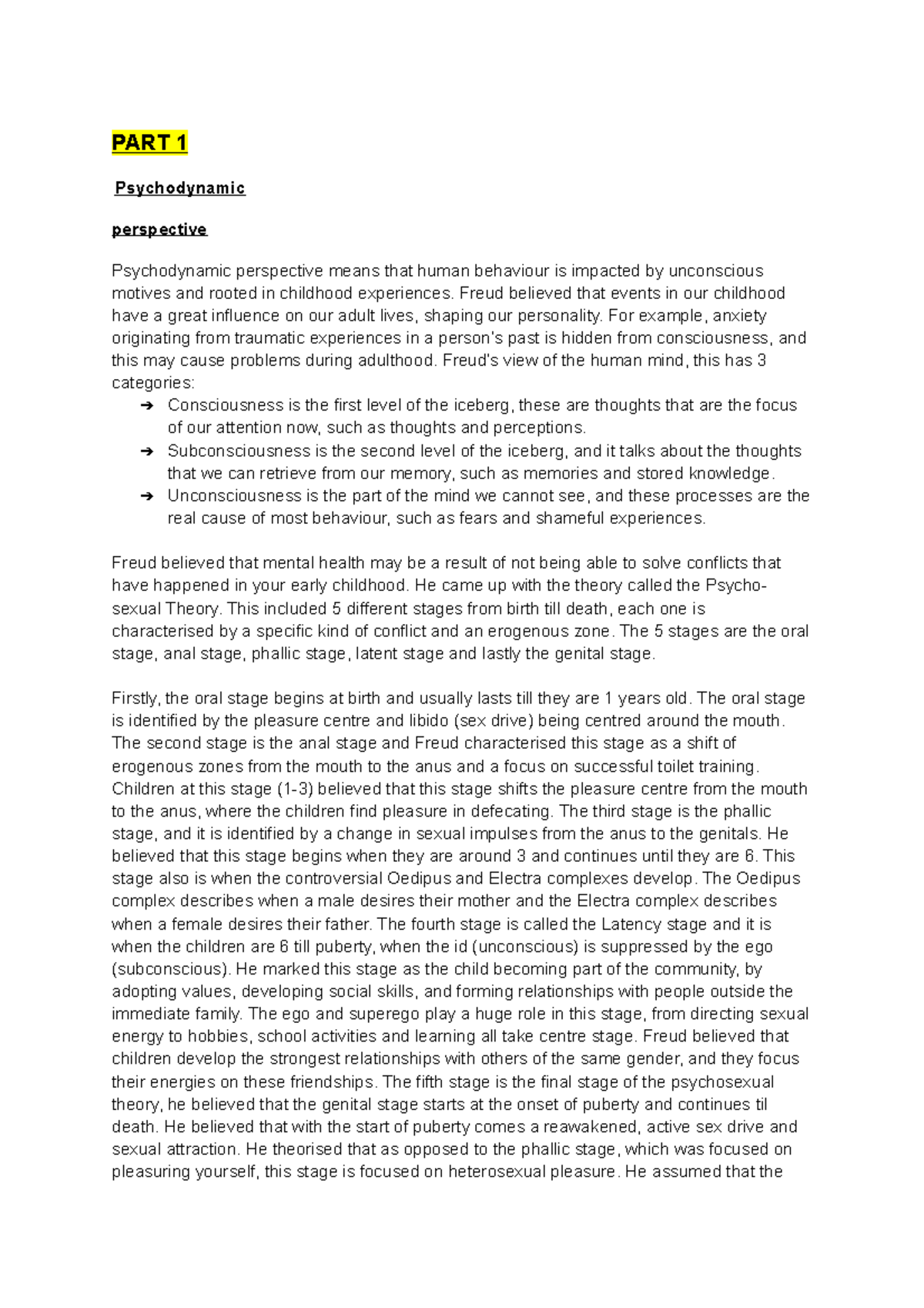 Unit 11A Part 1 - Part 1 of coursework - PART 1 Psychodynamic ...