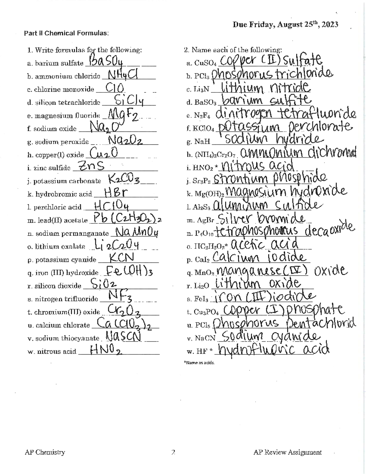 AP+chem+review+key - Chemistry Test Review - Part Il Chemical Formulas ...