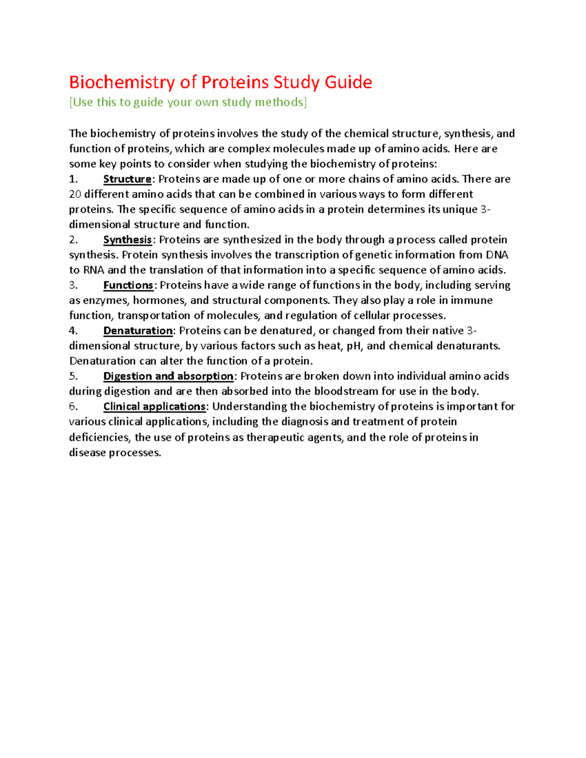 Biochemistry Proteins Study Guide - Biochemistry of Proteins Study ...