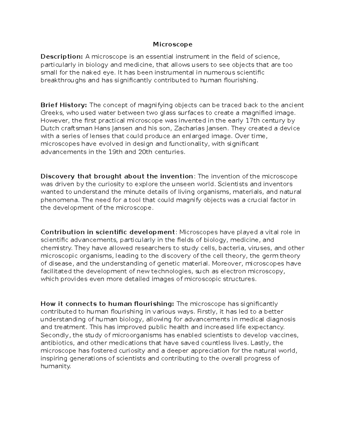 Microscope - Microscope Description: A microscope is an essential ...