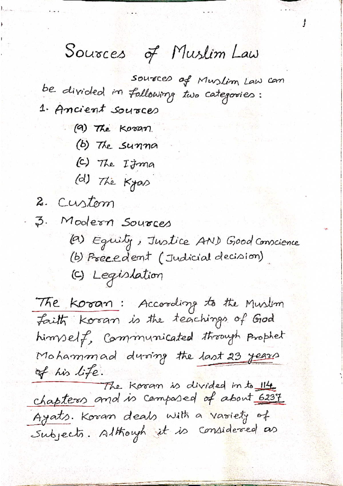 Sources of Muslim Law - Hand written notes easy explanation - Sources ...
