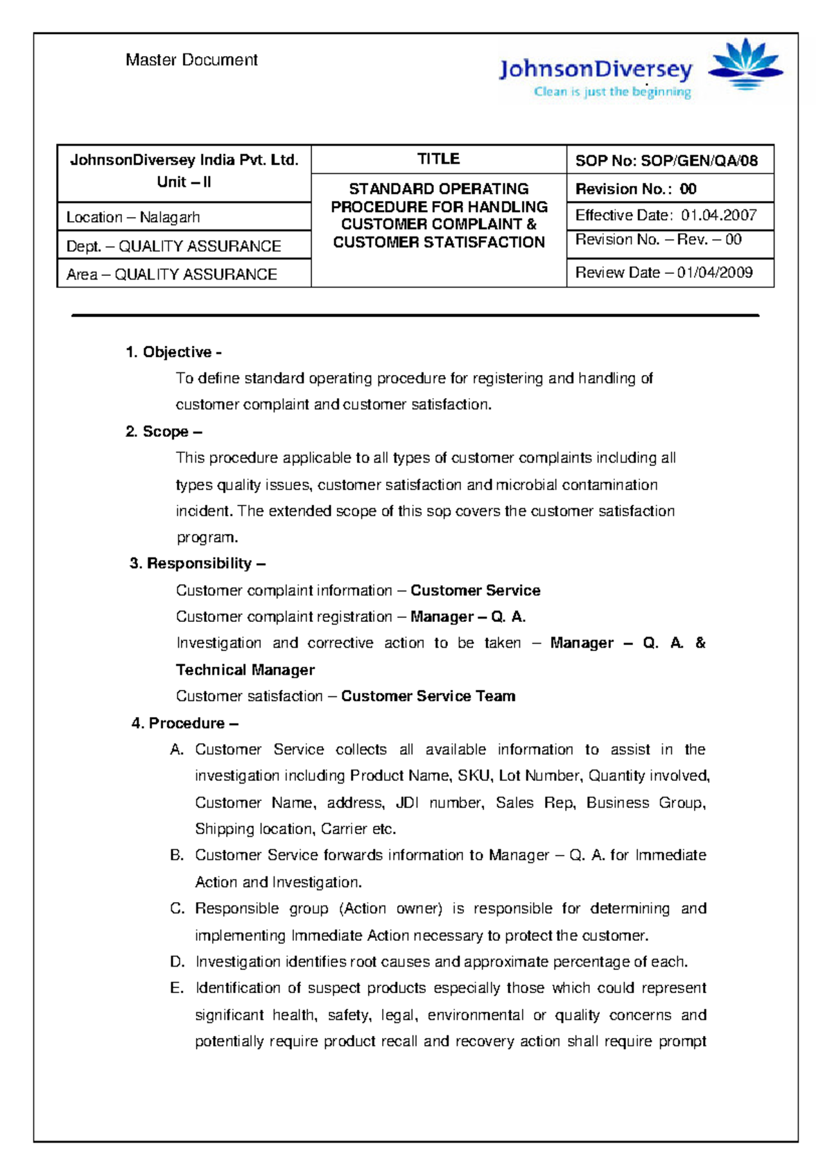 66606706 SOP Customer Complaint - Master Document JohnsonDiversey India ...