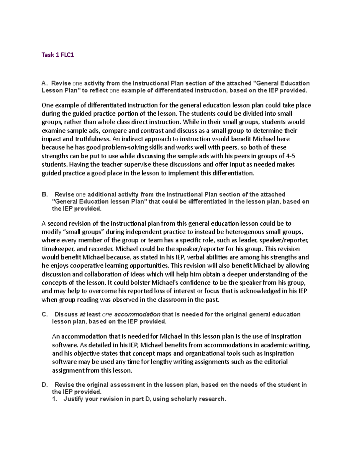 Task 1 FLC1 models and design - Task 1 FLC1 A. Revise one activity from ...