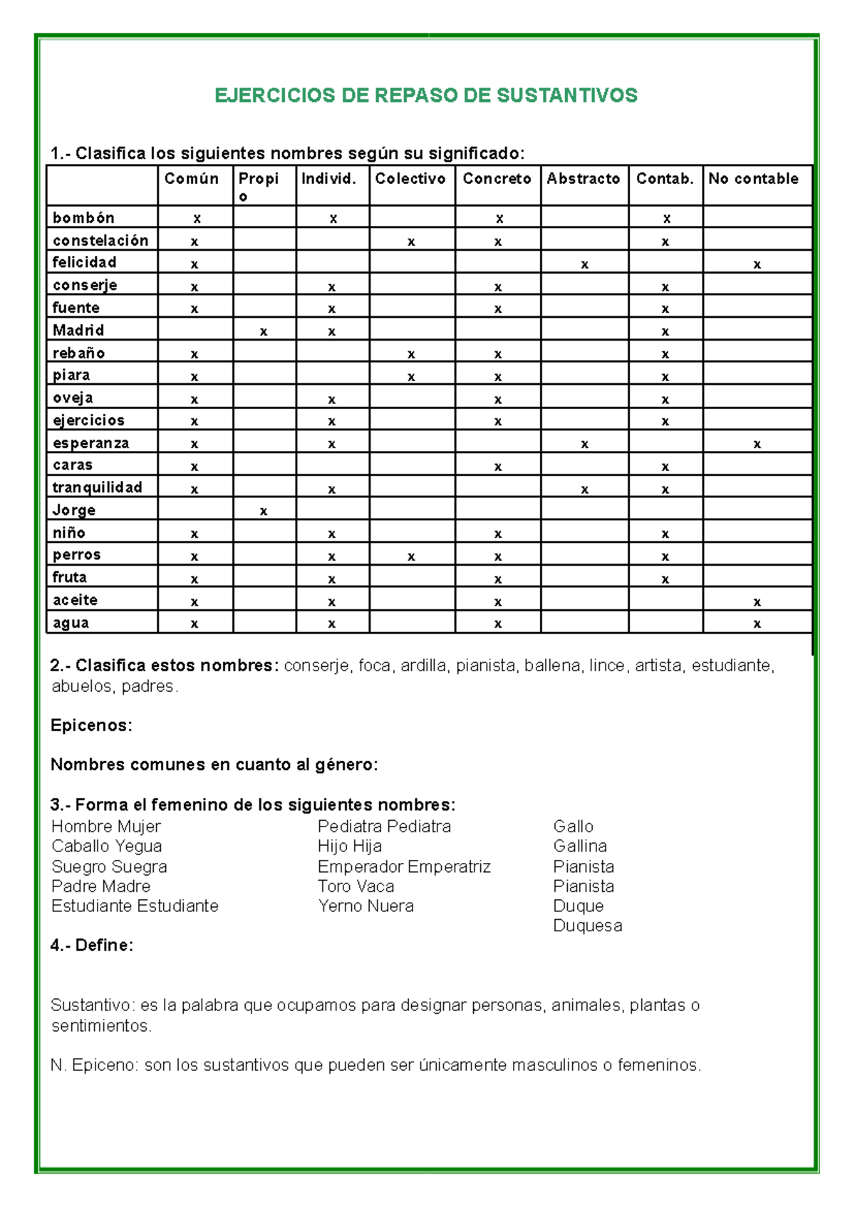 Ejercicios sustantivos - EJERCICIOS DE REPASO DE SUSTANTIVOS 1 ...