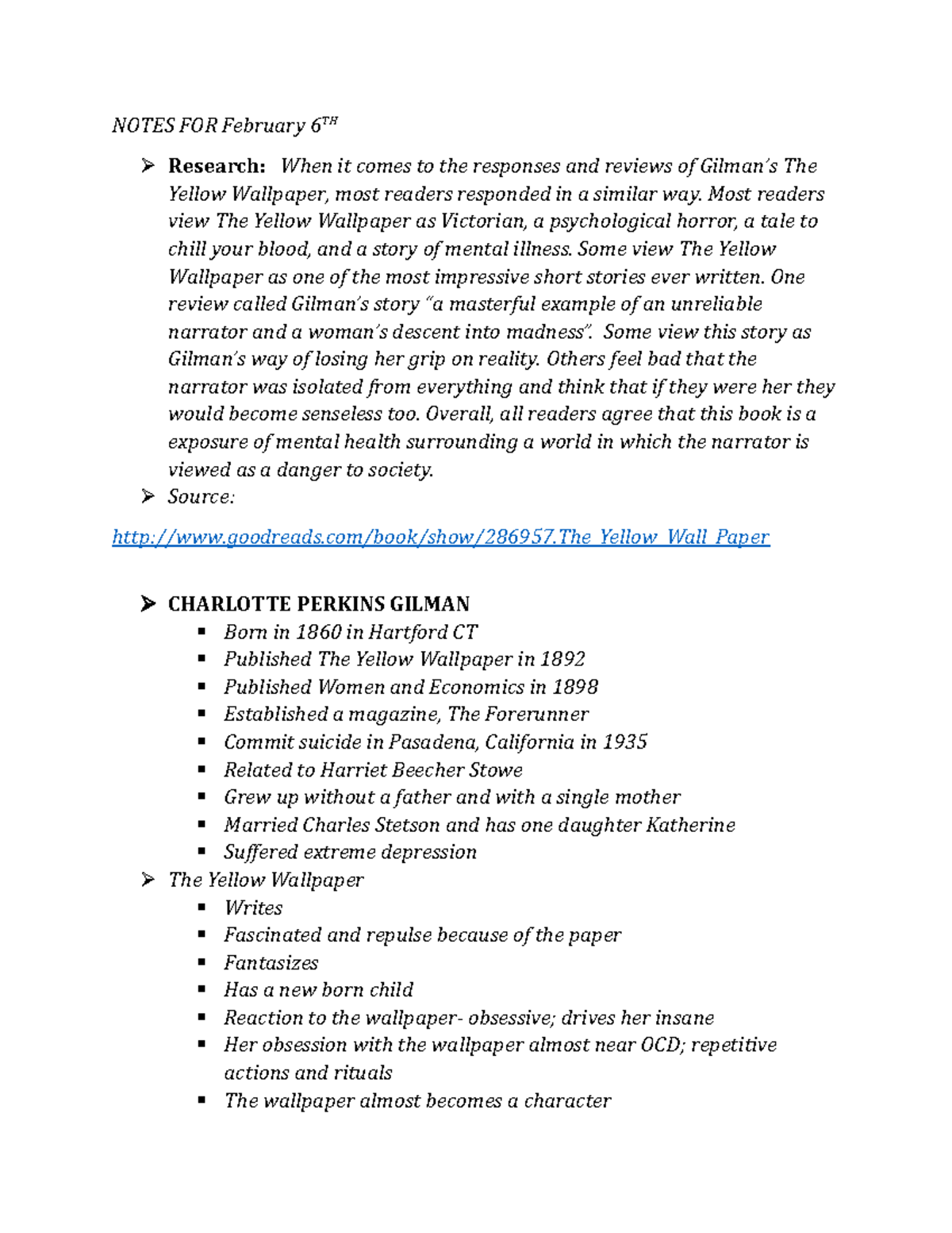 CHARLOTTE PERKINS GILMAN - NOTES FOR February 6TH Research: When it ...
