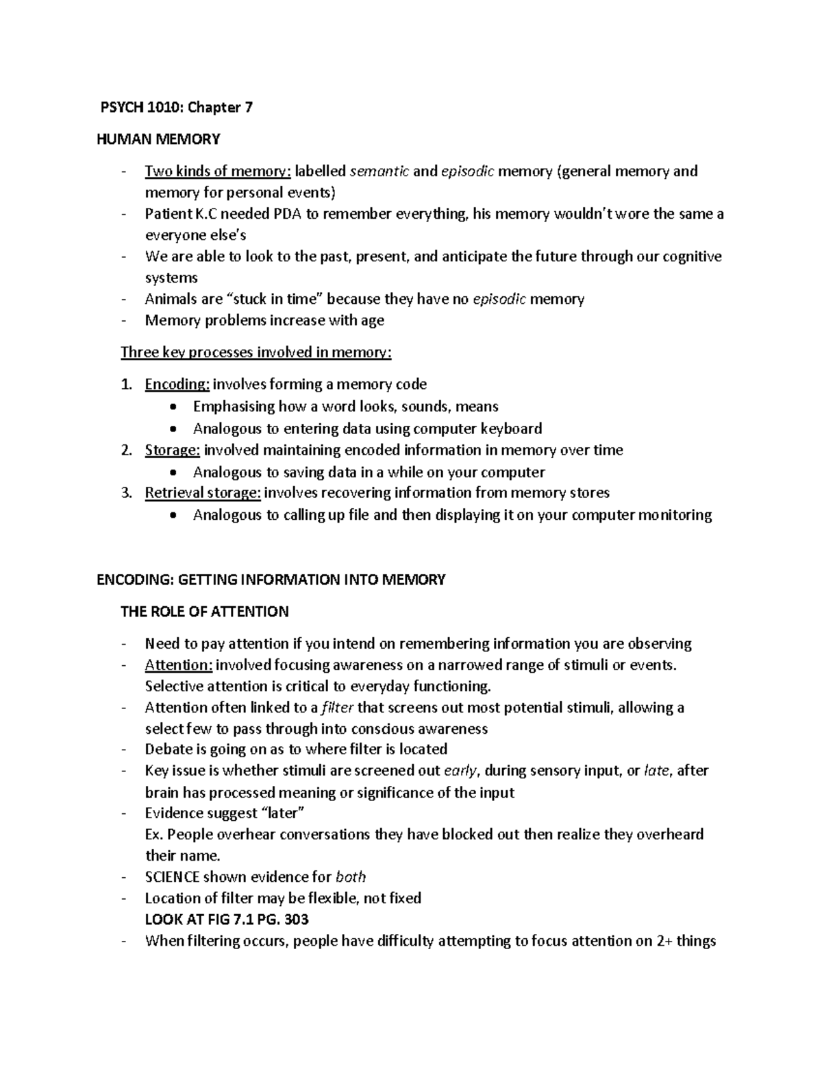 Psychology 1010 Chapter 7 - PSYCH 1010: Chapter 7 HUMAN MEMORY Two ...