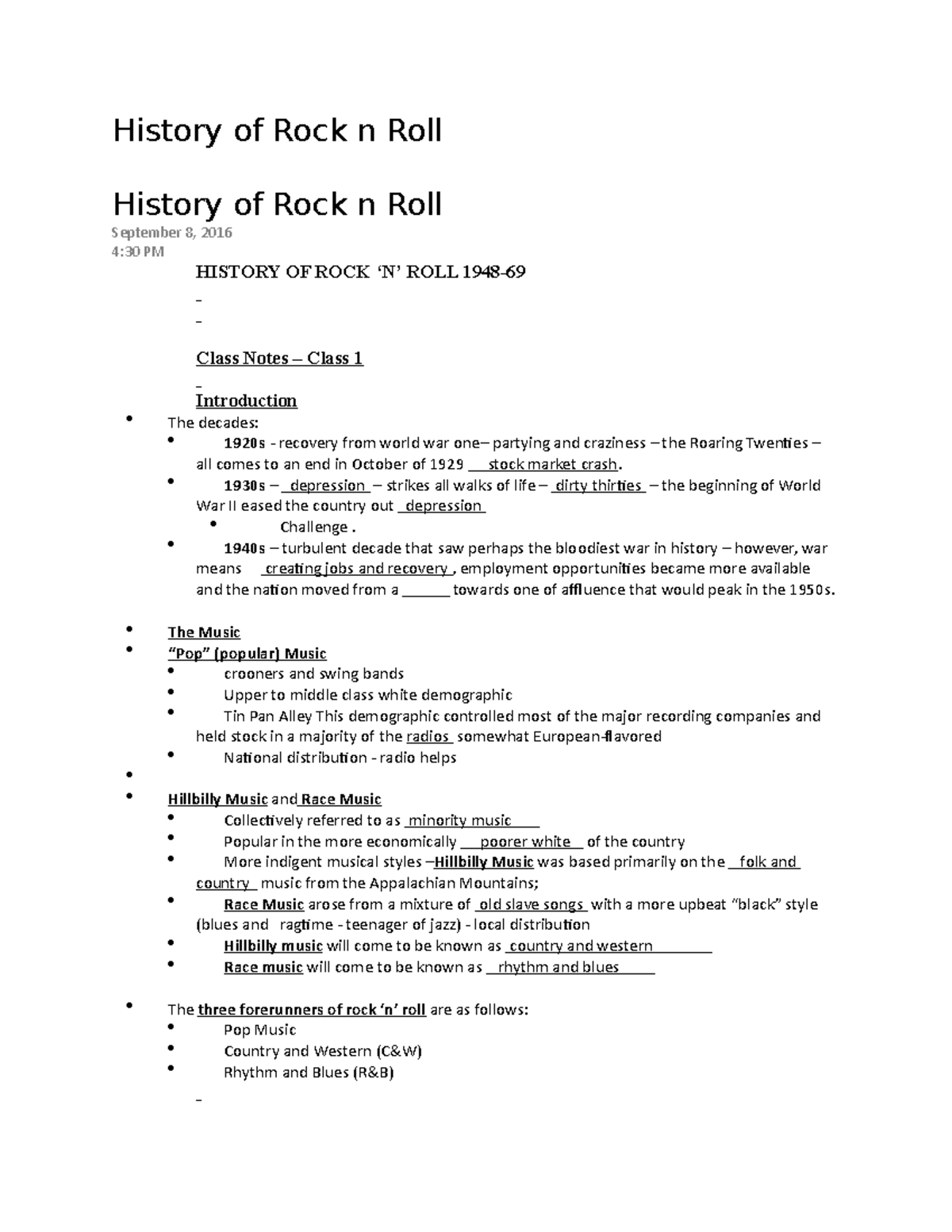 Entire semester of notes - History of Rock n Roll History of Rock n ...