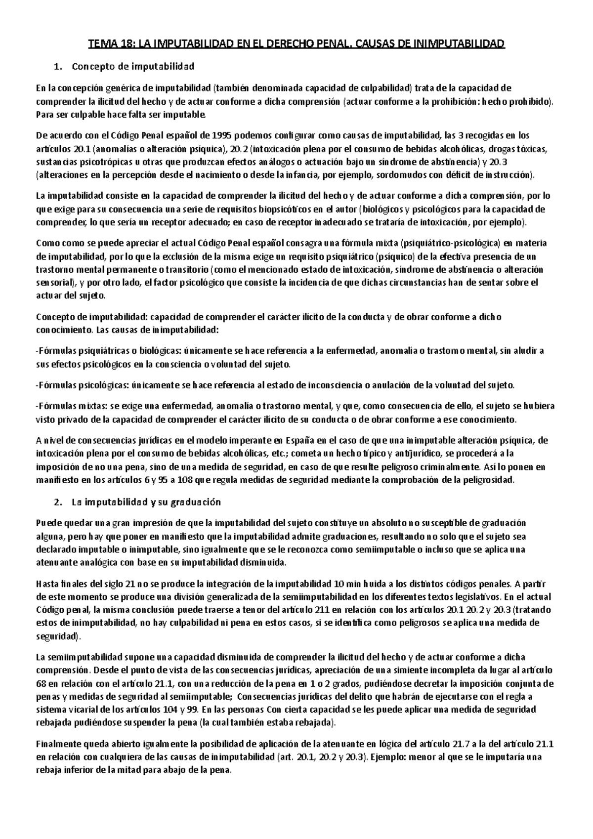 Lección 18 - apuntes - TEMA 18: LA IMPUTABILIDAD EN EL DERECHO PENAL ...