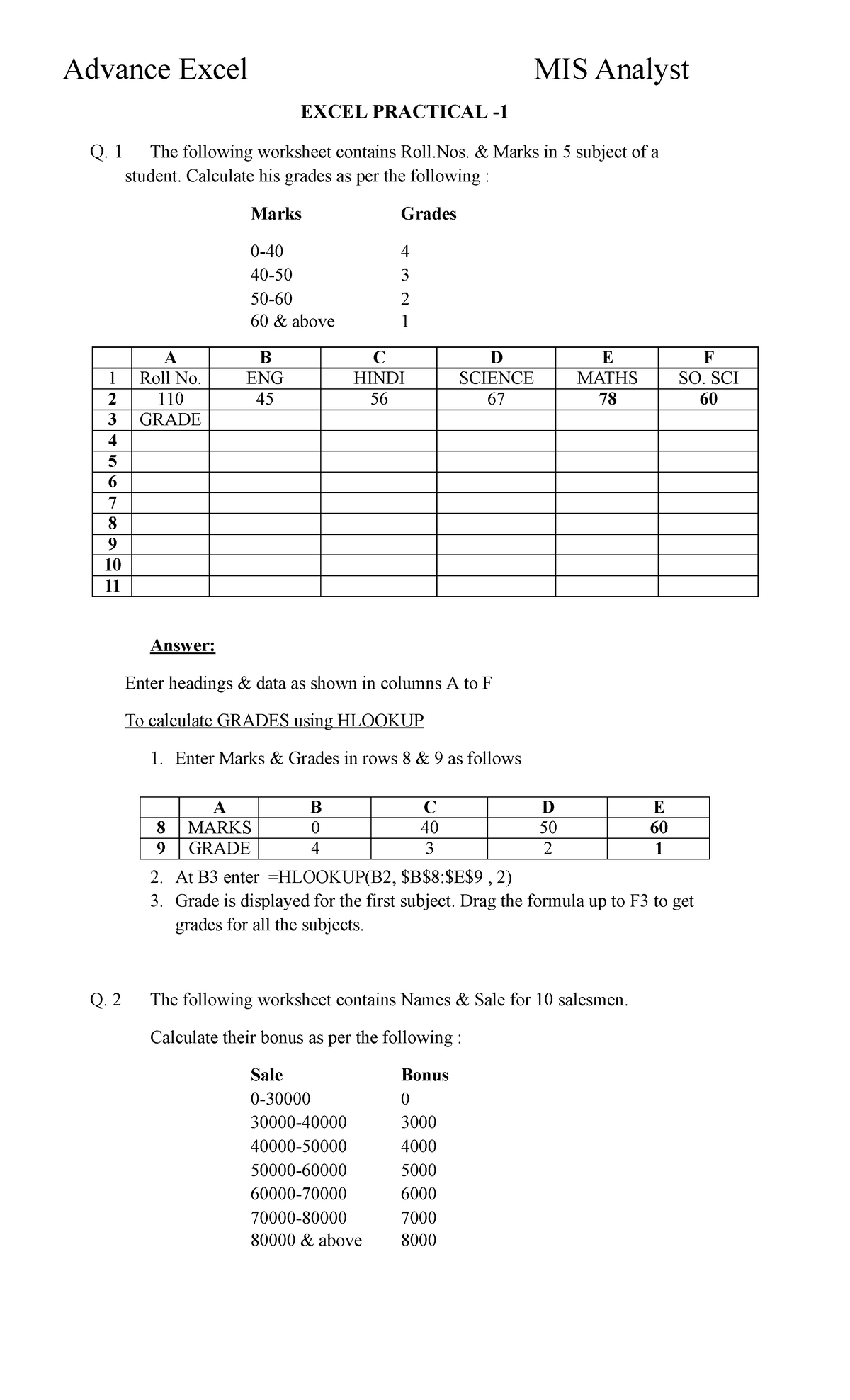 Excel practrical - EXCEL PRACTICAL - Q. 1 The following worksheet contains Roll. & Marks in 5 ...