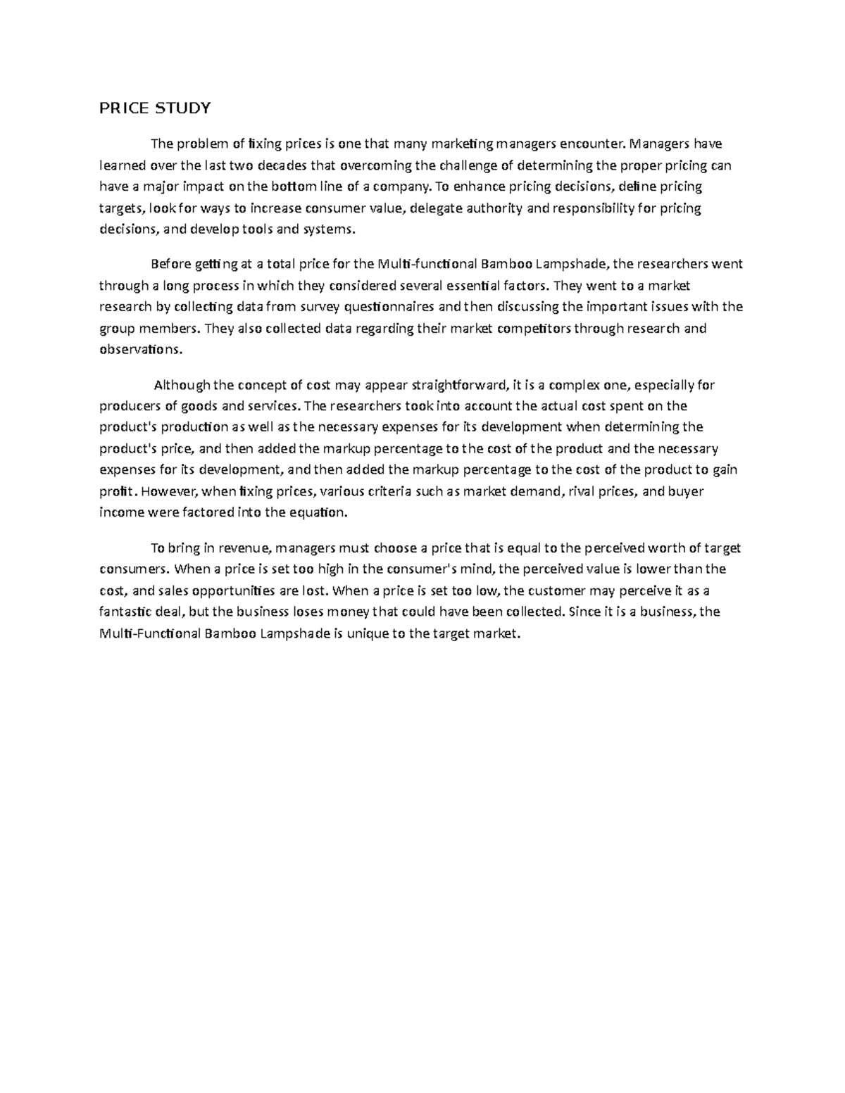 Price Study - very helpful in college - PRICE STUDY The problem of ...