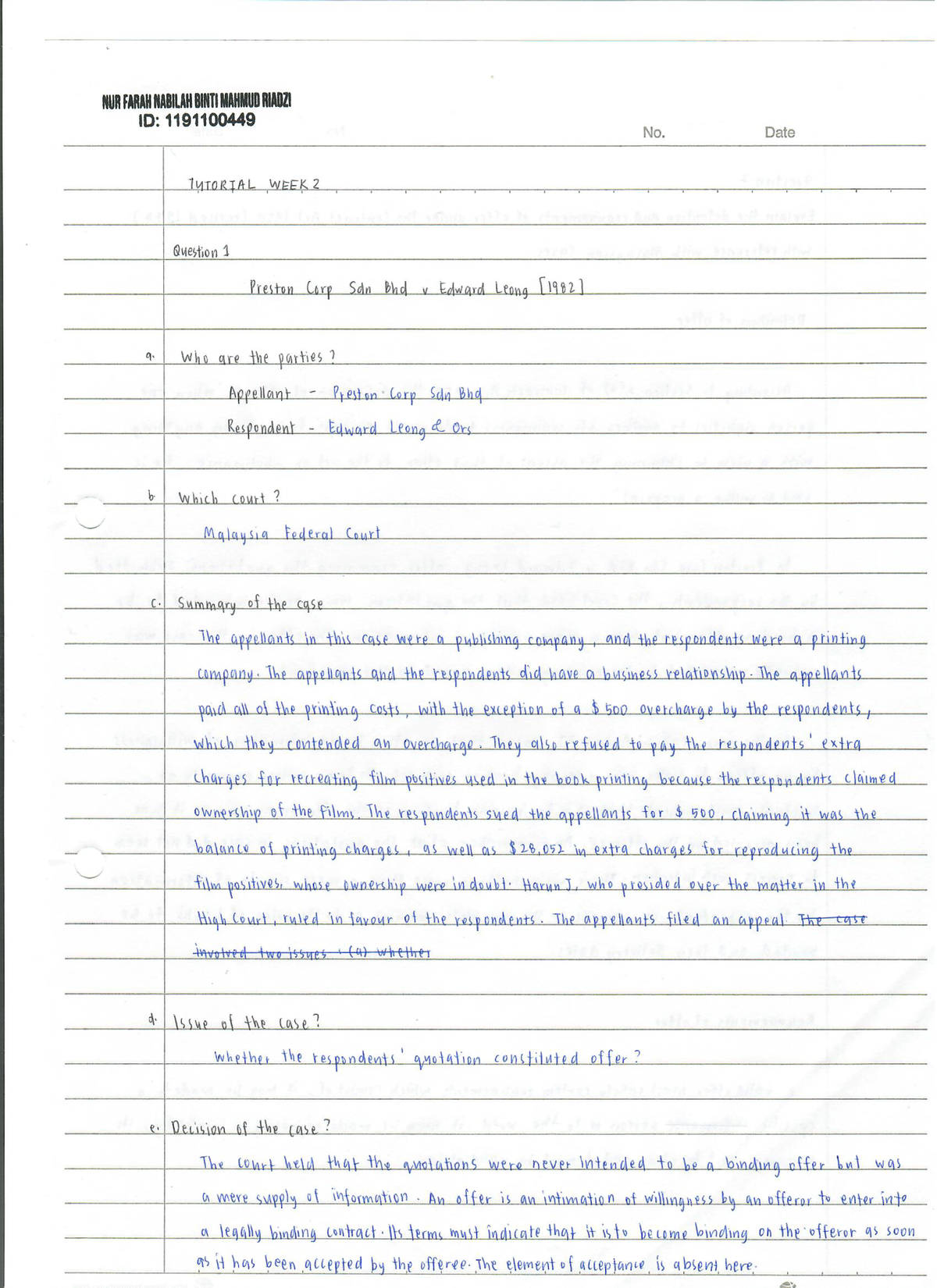 Tutorial W2 Answer Contract Law 1 UNL 1612 - MMU - Studocu