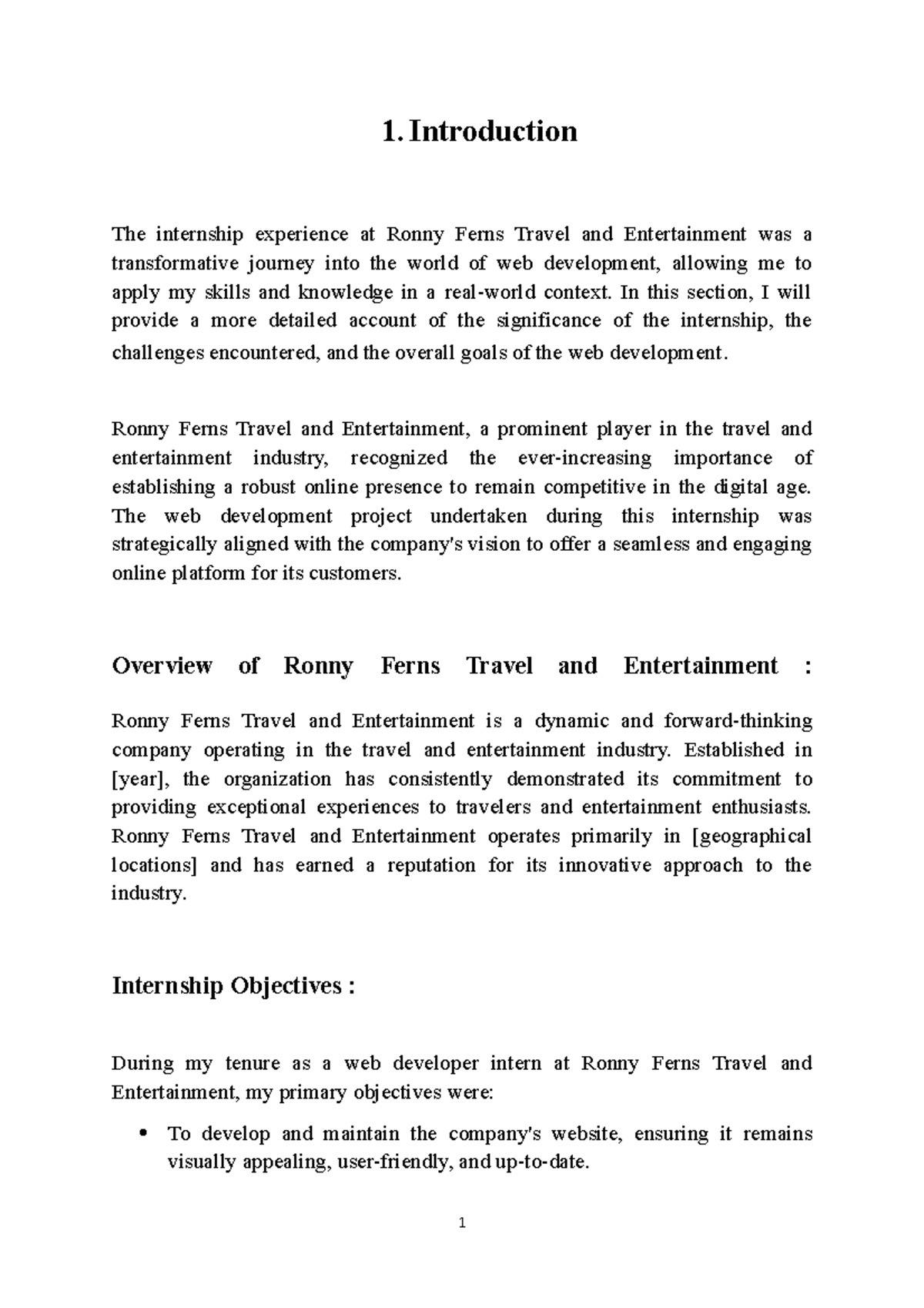 INTT 1 - Copy - 1. Introduction The internship experience at Ronny ...