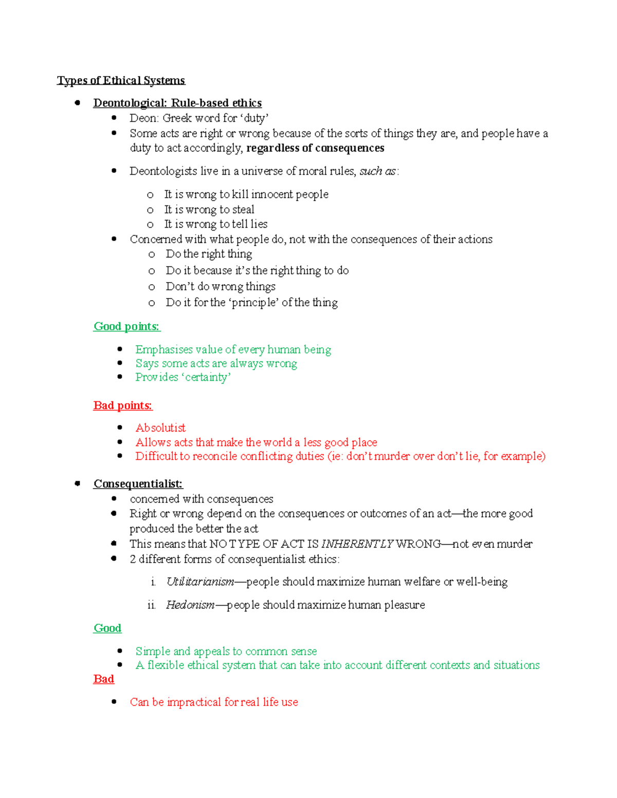 Types of Ethical Systems 1 - Types of Ethical Systems Deontological ...