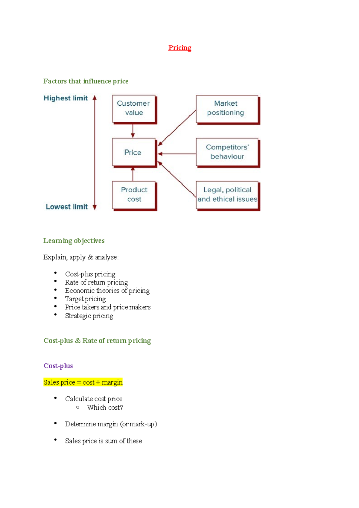 Complete Pricing Lecture Notes - Pricing Factors that influence price ...