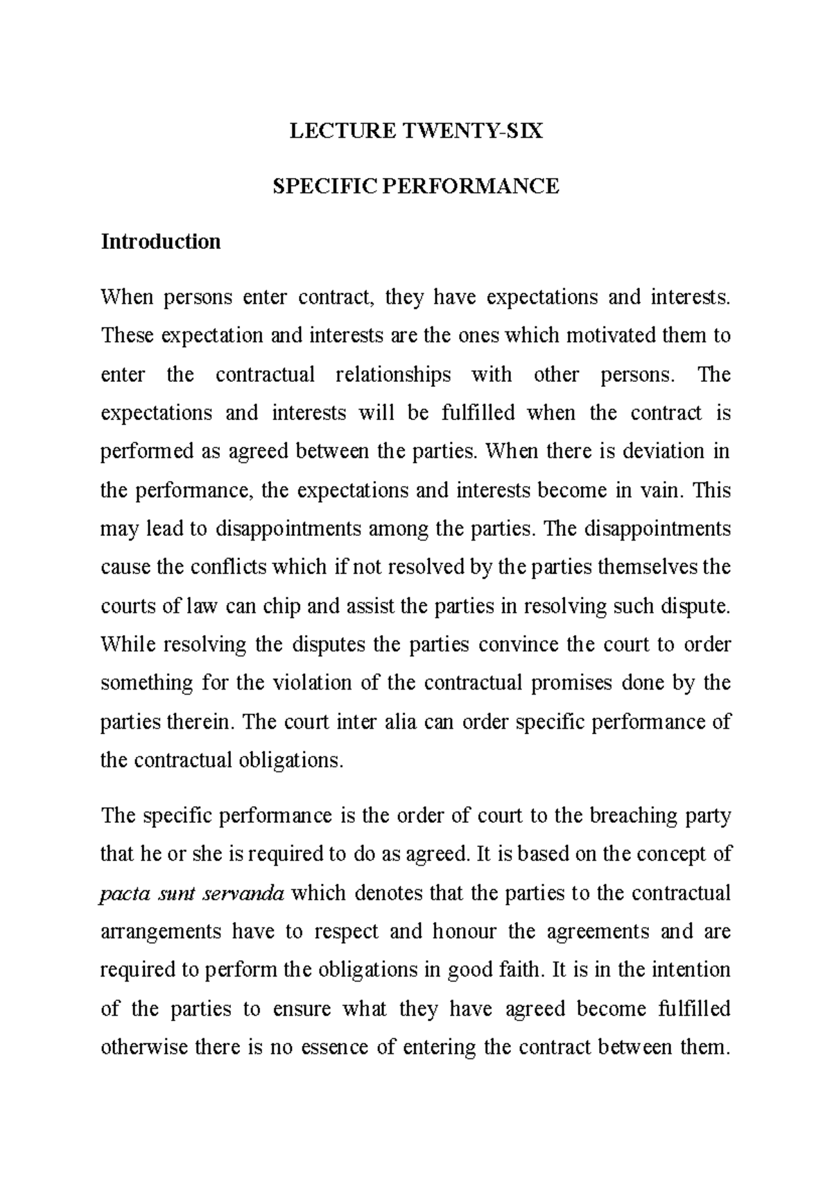 Section 5,lecture 8.LECTURE 26: SPECIFIC PERFORMANCE - LECTURE TWENTY ...