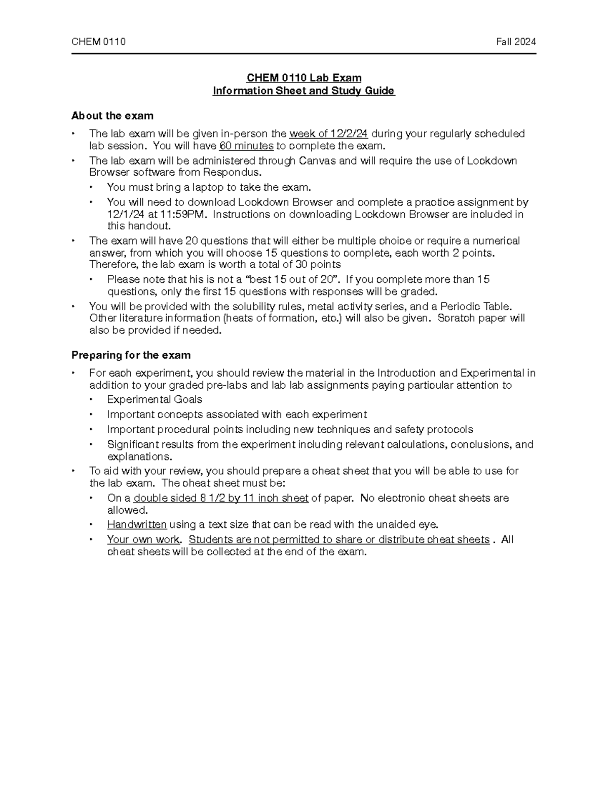 C0110 lab exam review sheet 2251 - CHEM 0110 Lab Exam Information Sheet ...