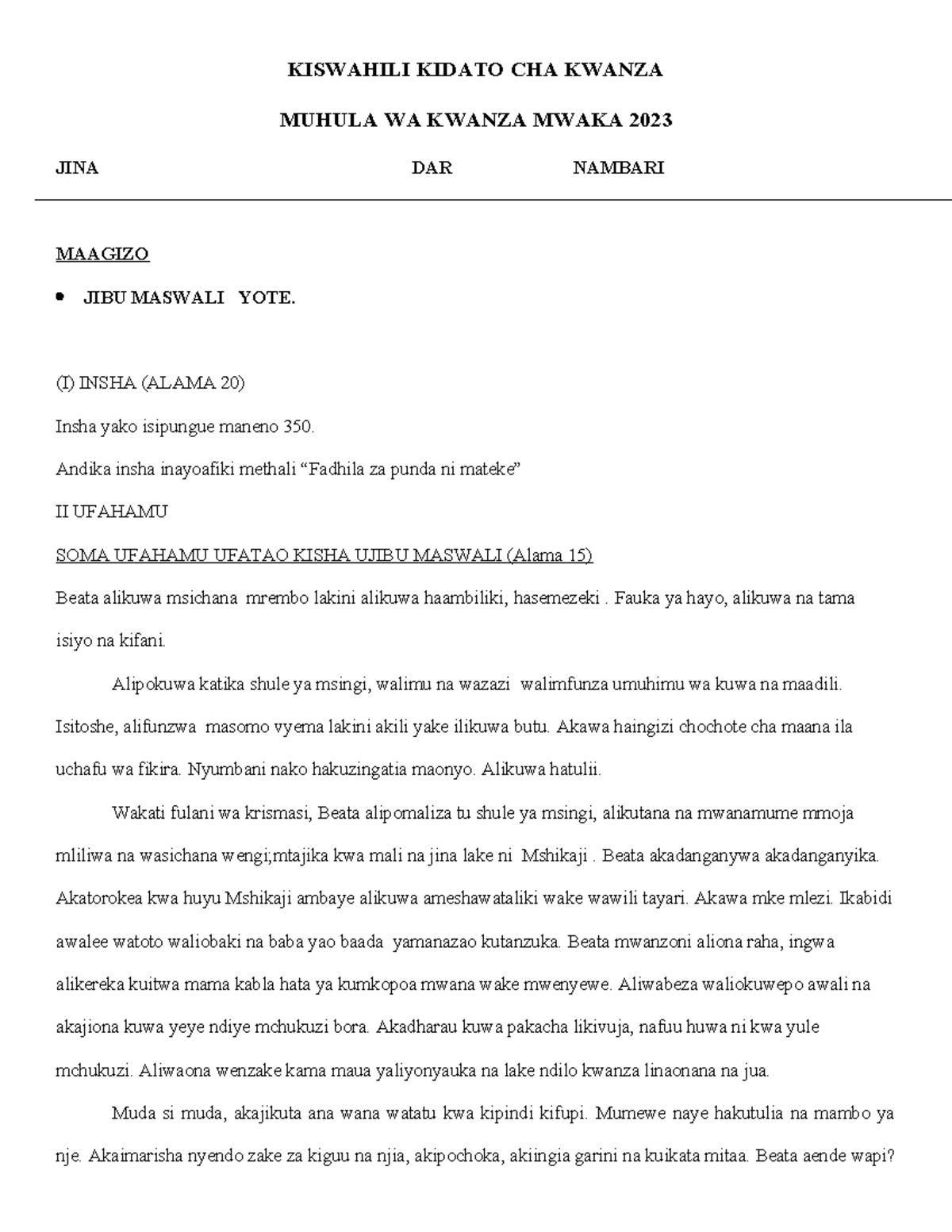 Kiswahili Form One Term One - KISWAHILI KIDATO CHA KWANZA MUHULA WA ...