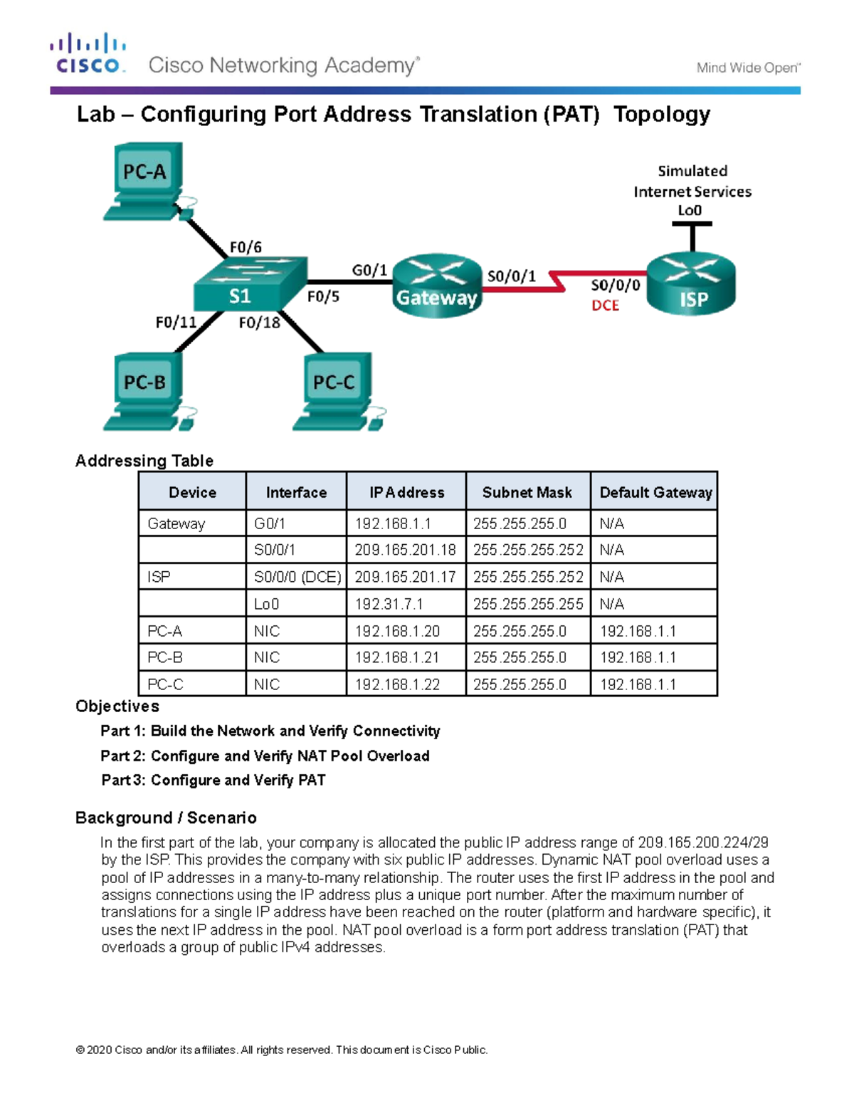 Lab 9.3 - Configuring Port Address Translation (PAT) - 168.1 255.255. ...