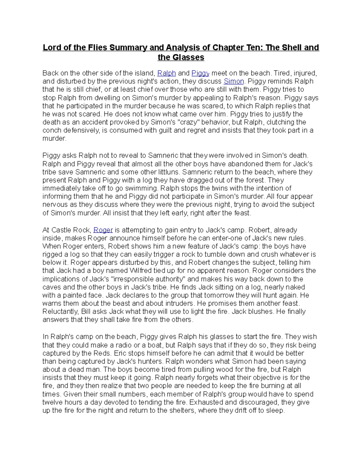 Lord of the Flies Summary and Analysis of Chapter Ten The Shell and the ...