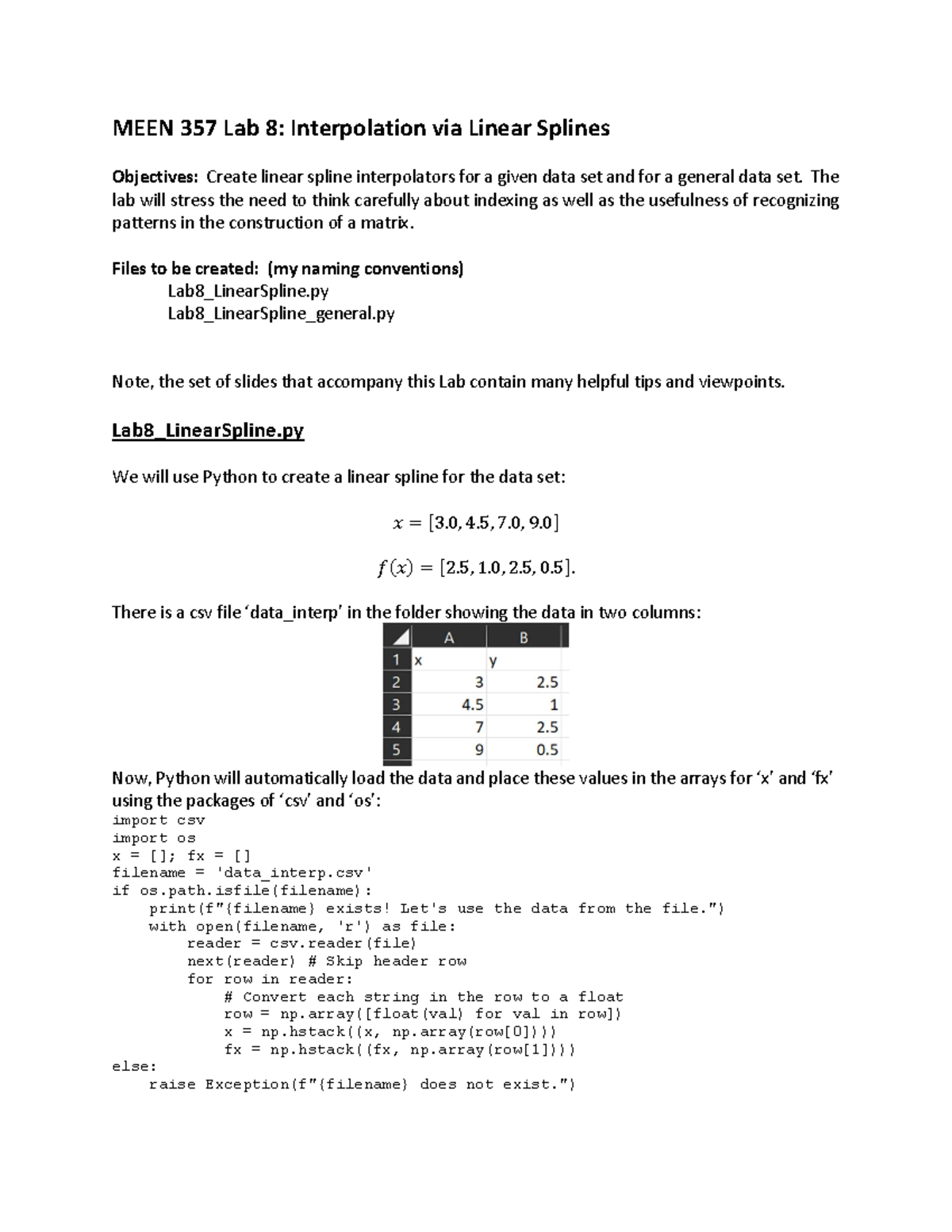 Lab8 - Lab assignment with detailed instructions. - MEEN 357 Lab 8: Interpolation via Linear ...