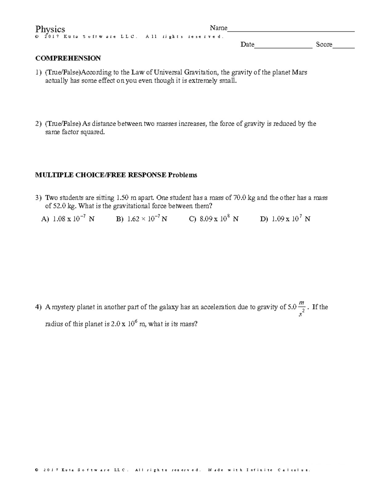 Physics The Lawof Universal Gravitation Quizor Worksheet-1 - ©p R 2 R 0 ...