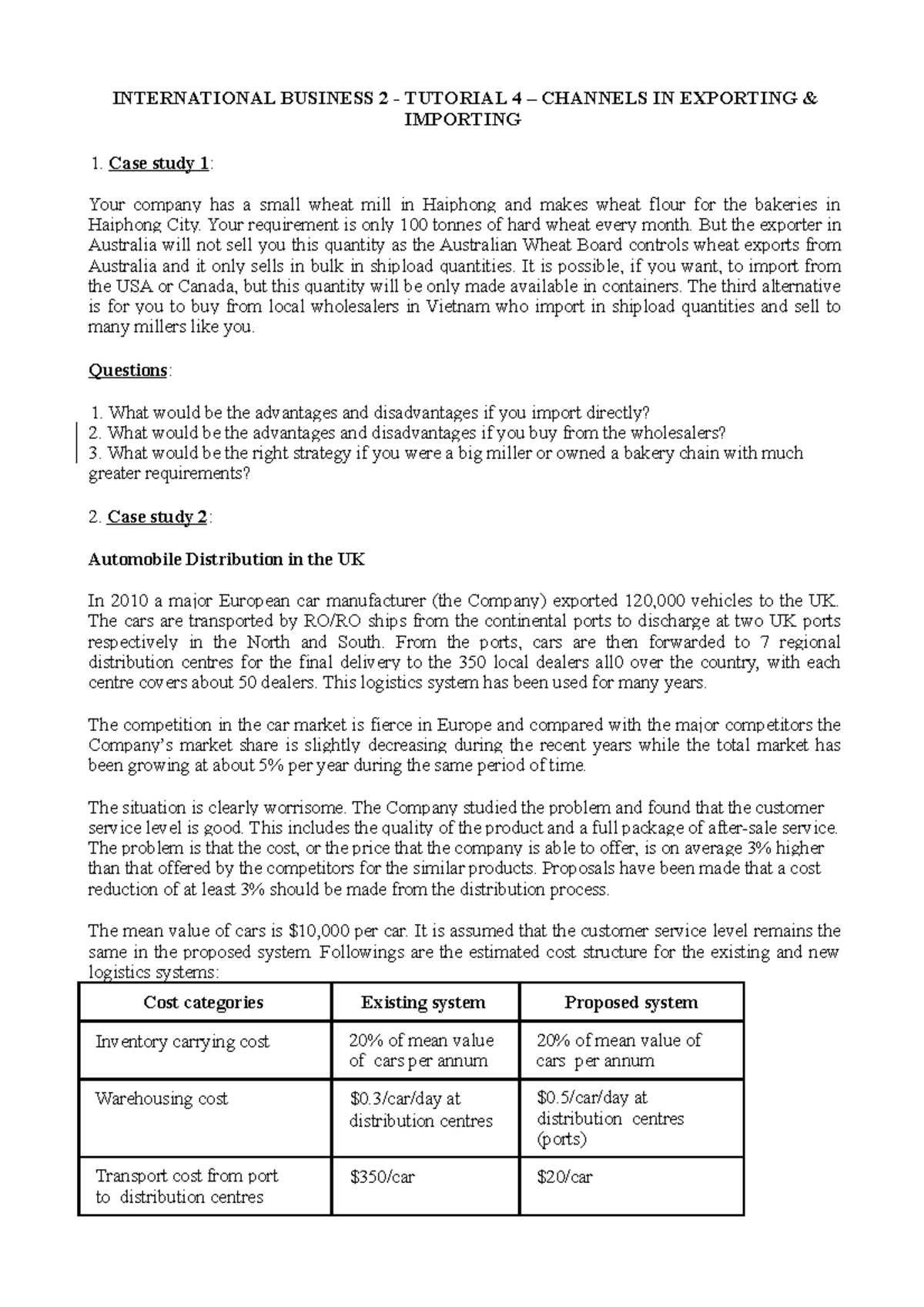 Tutorial for Topic 4 - INTERNATIONAL BUSINESS 2 - TUTORIAL 4 – CHANNELS ...