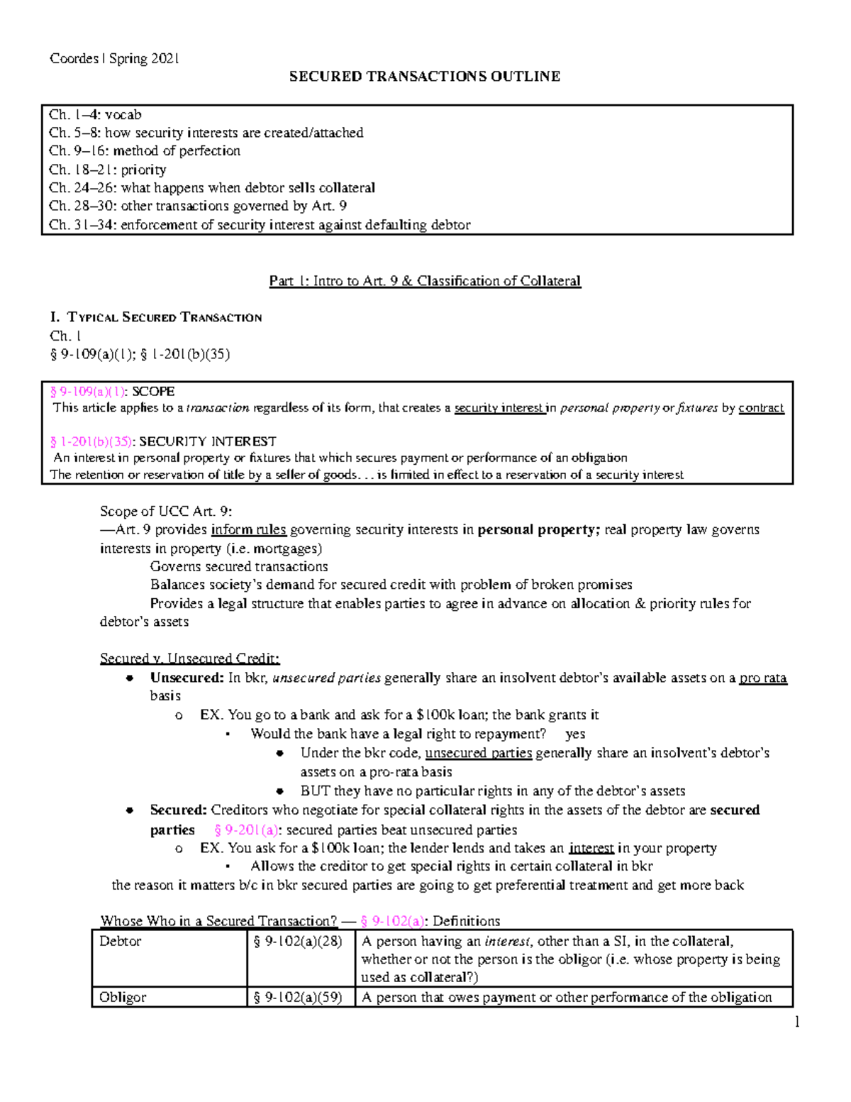 Secured Transactions Outline - Coordes - Spring 21 - SECURED ...