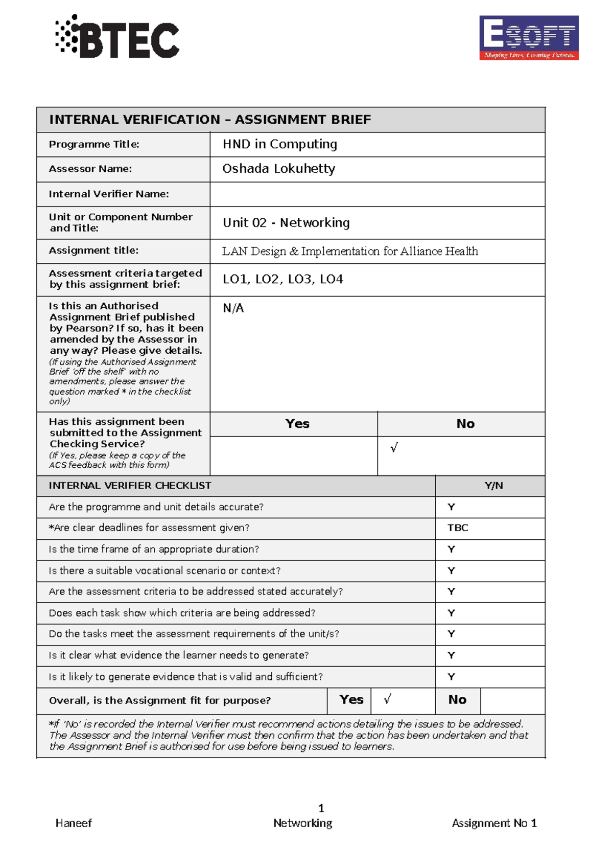 Unit 02 Networking Internal Verification Assignment Brief Programme Title Hnd In Computing