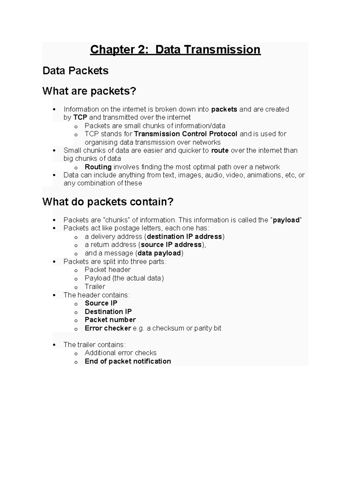 CS 2210 Chapter 2 - Notes - Chapter 2: Data Transmission Data Packets ...
