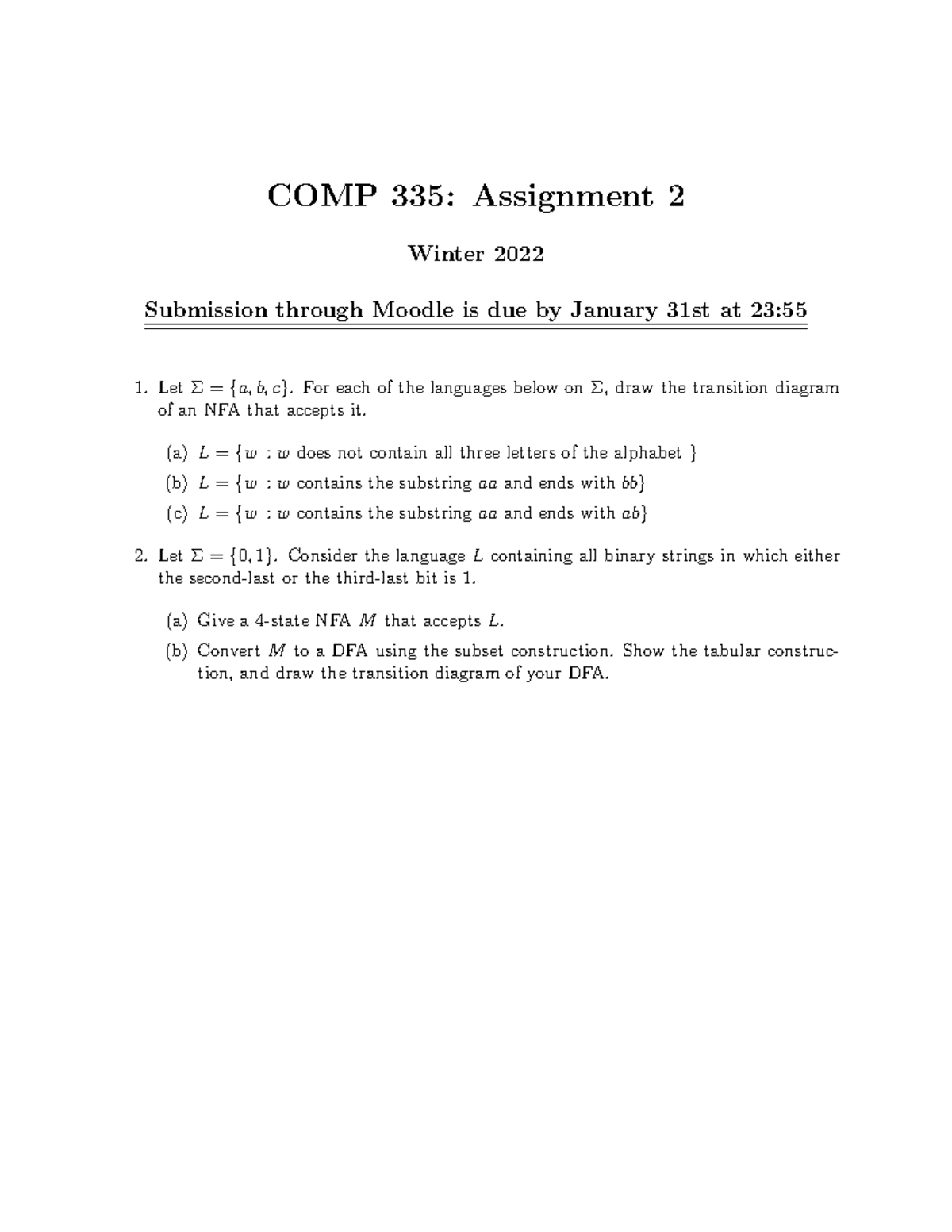 Asg2 - Assignment 2 - COMP 335: Assignment 2 Winter 2022 Submission through Moodle is due by ...