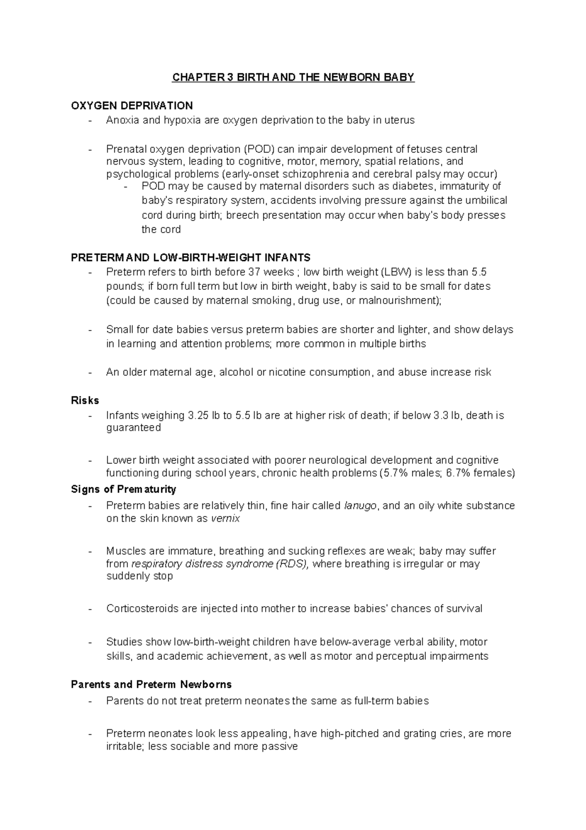 JAN 11th - class notes - CHAPTER 3 BIRTH AND THE NEWBORN BABY OXYGEN ...