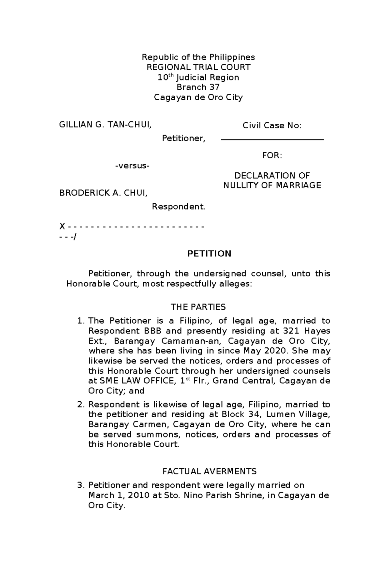 Petition for Nullity of Marriage - Republic of the Philippines REGIONAL ...
