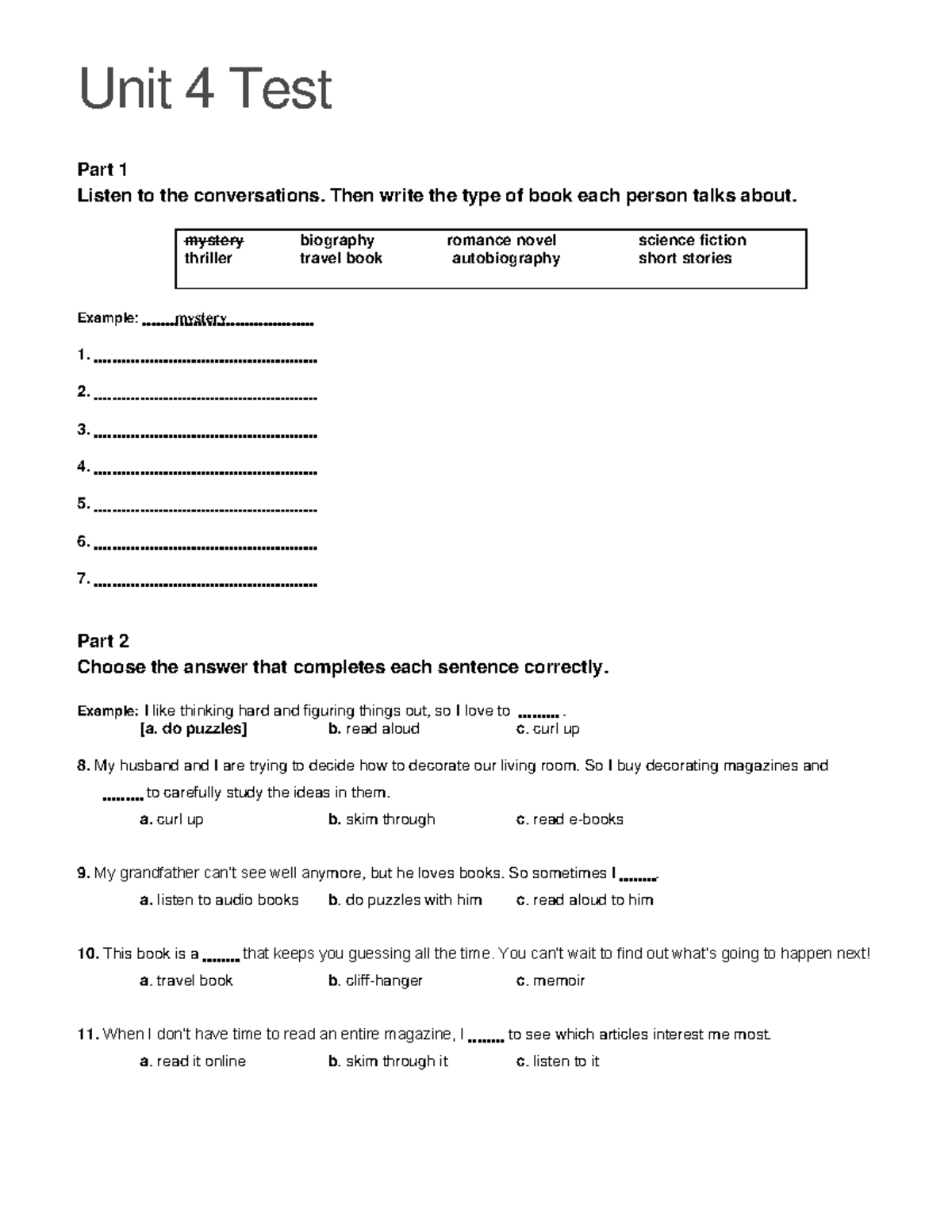 TN3a Unit 4 Test [www - use the info - Unit 4 Test Part 1 Listen to the ...