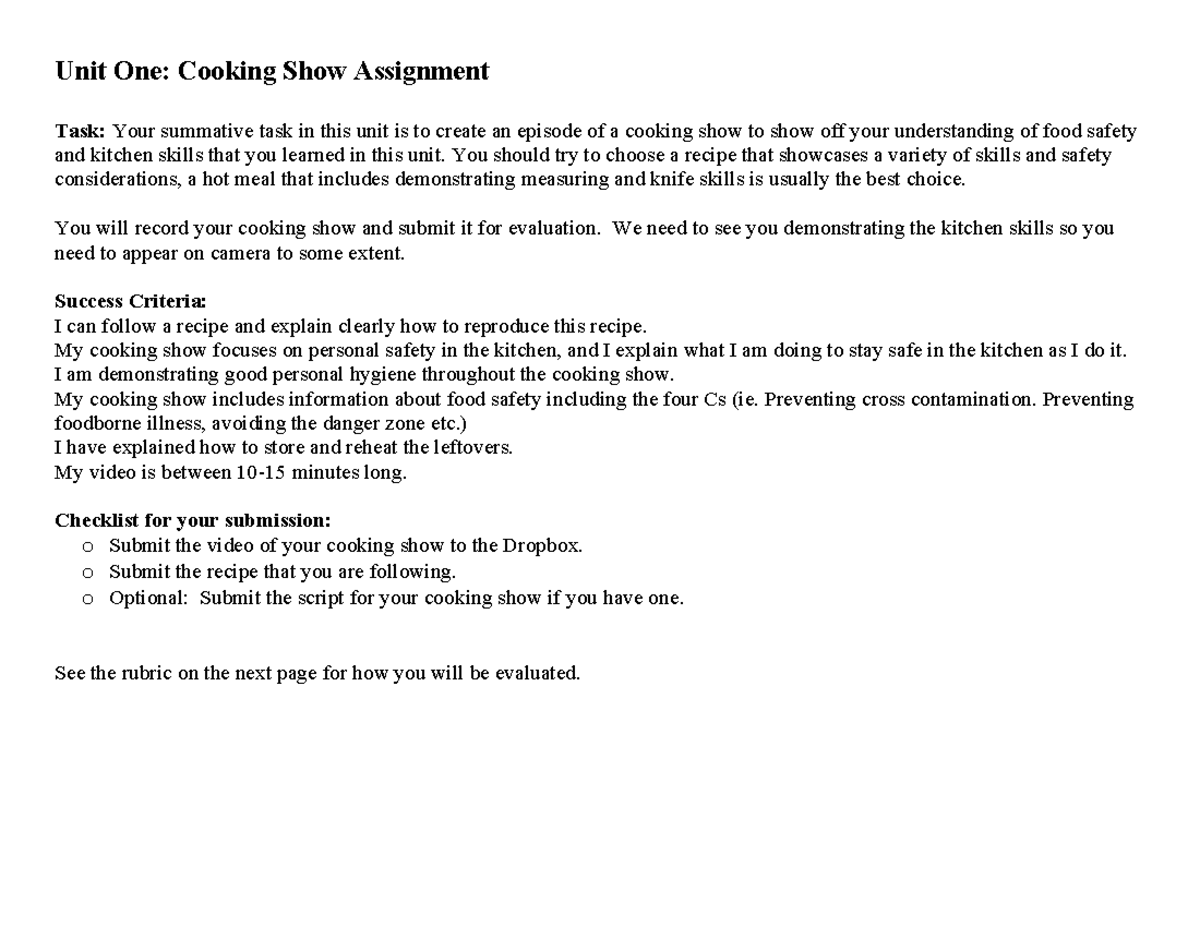 Cooking Show Rubric - Unit One: Cooking Show Assignment Task: Your ...