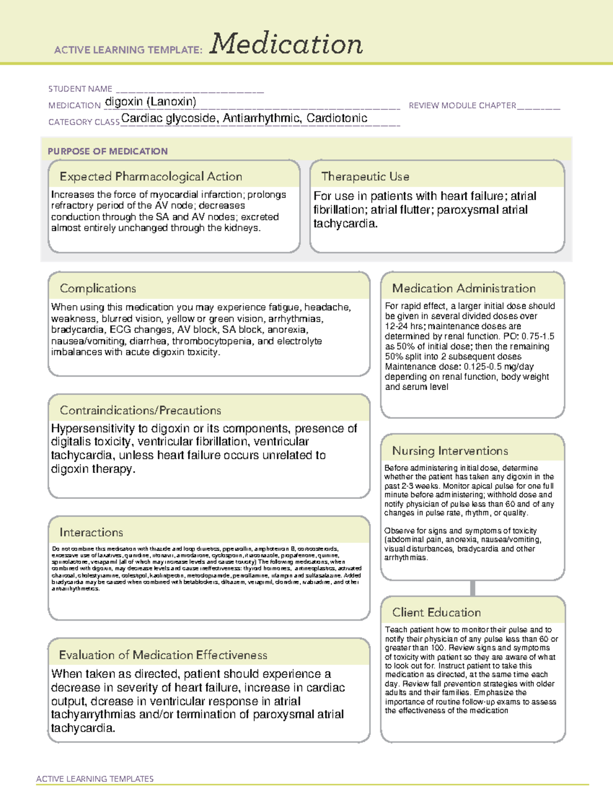 Digoxin (Lanoxin) - Drug card - ACTIVE LEARNING TEMPLATES Medication ...