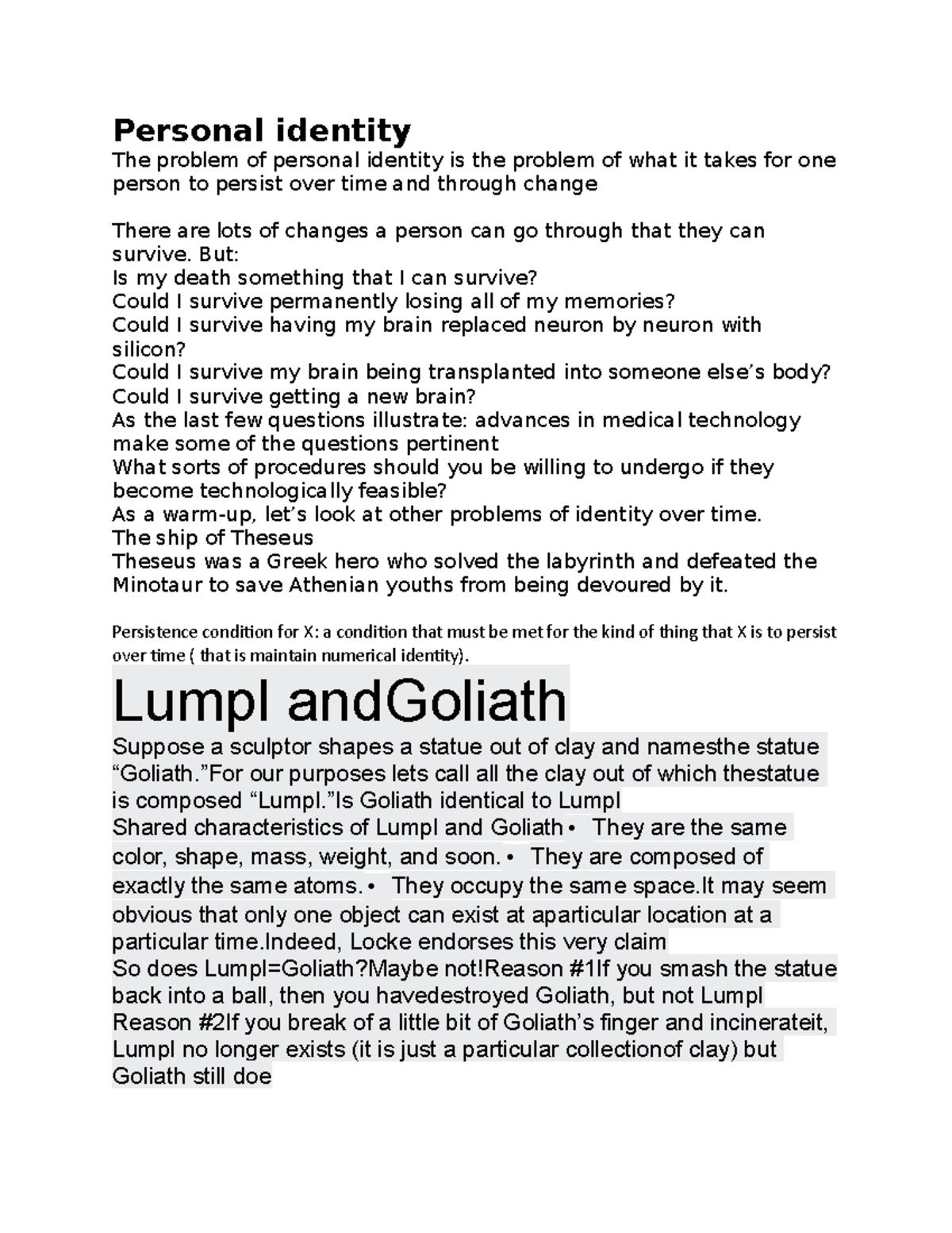 Personal identity - notes - Personal identity The problem of personal ...