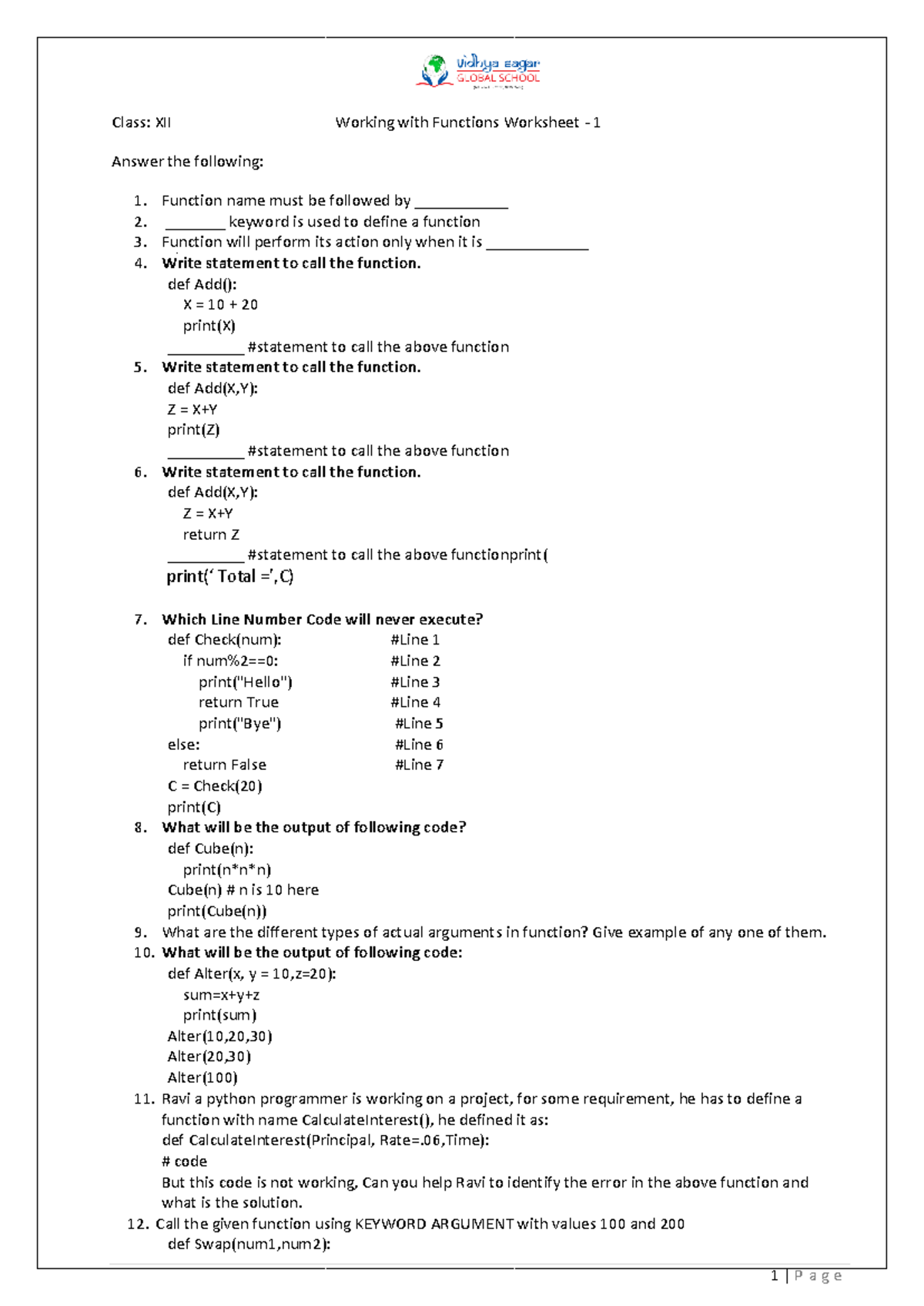 Working with functions WS-1 - Class: XII Working with Functions ...