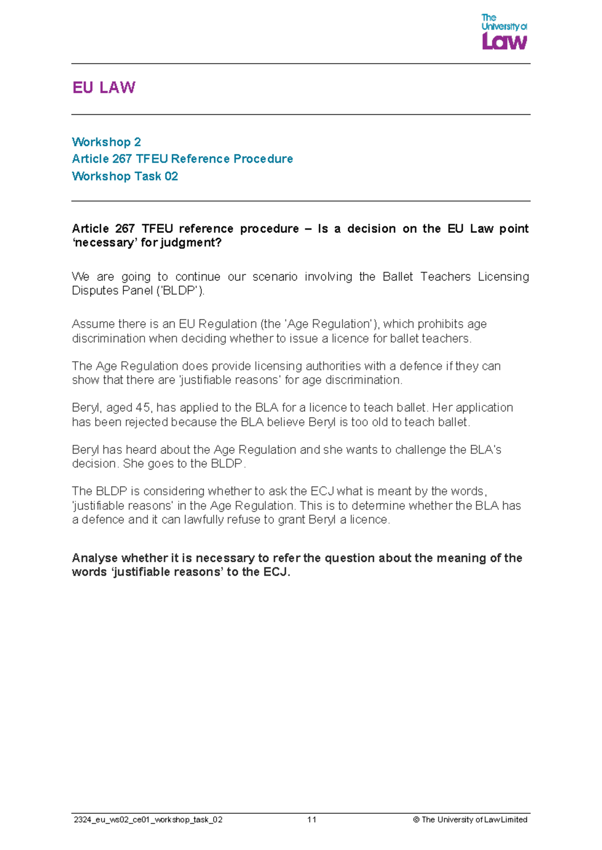 2324 eu ws02 ce01 workshop task 02 - EU LAW Workshop 2 Article 267 TFEU Reference Procedure ...