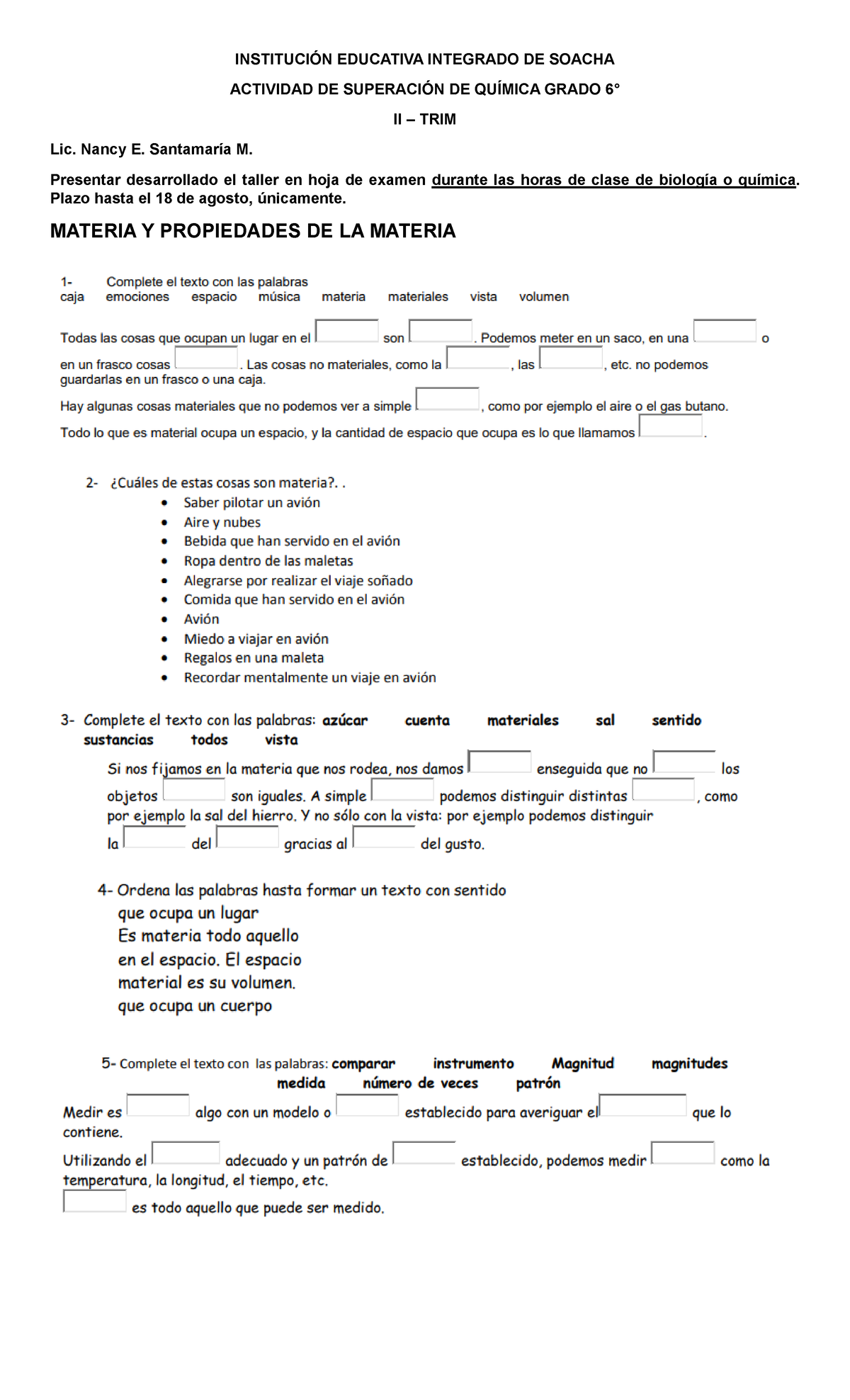 Actividad de Refuerzo de química grado 6 - INSTITUCIÓN EDUCATIVA ...