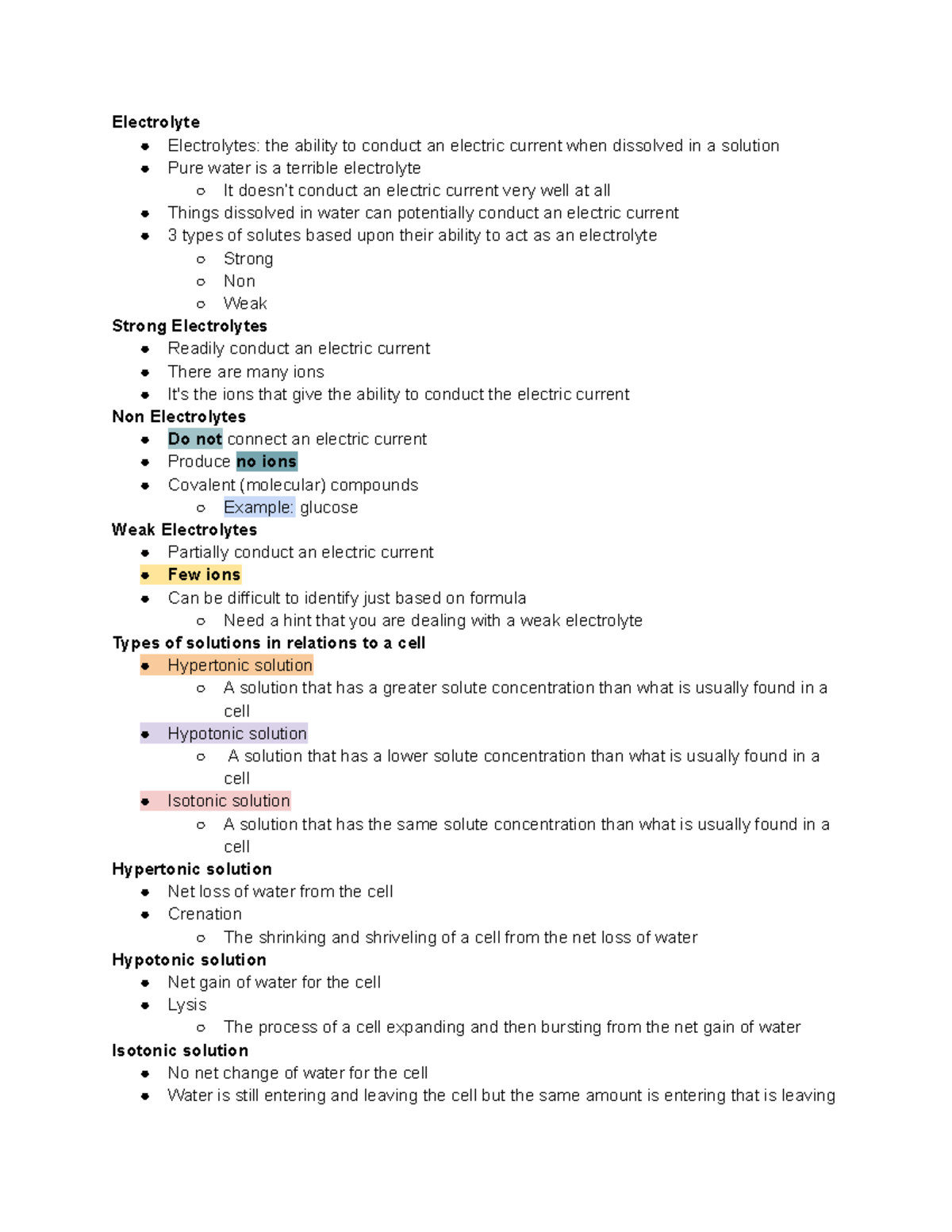 Chem136 solution part 2 qualitative - Electrolyte Electrolytes: the ...